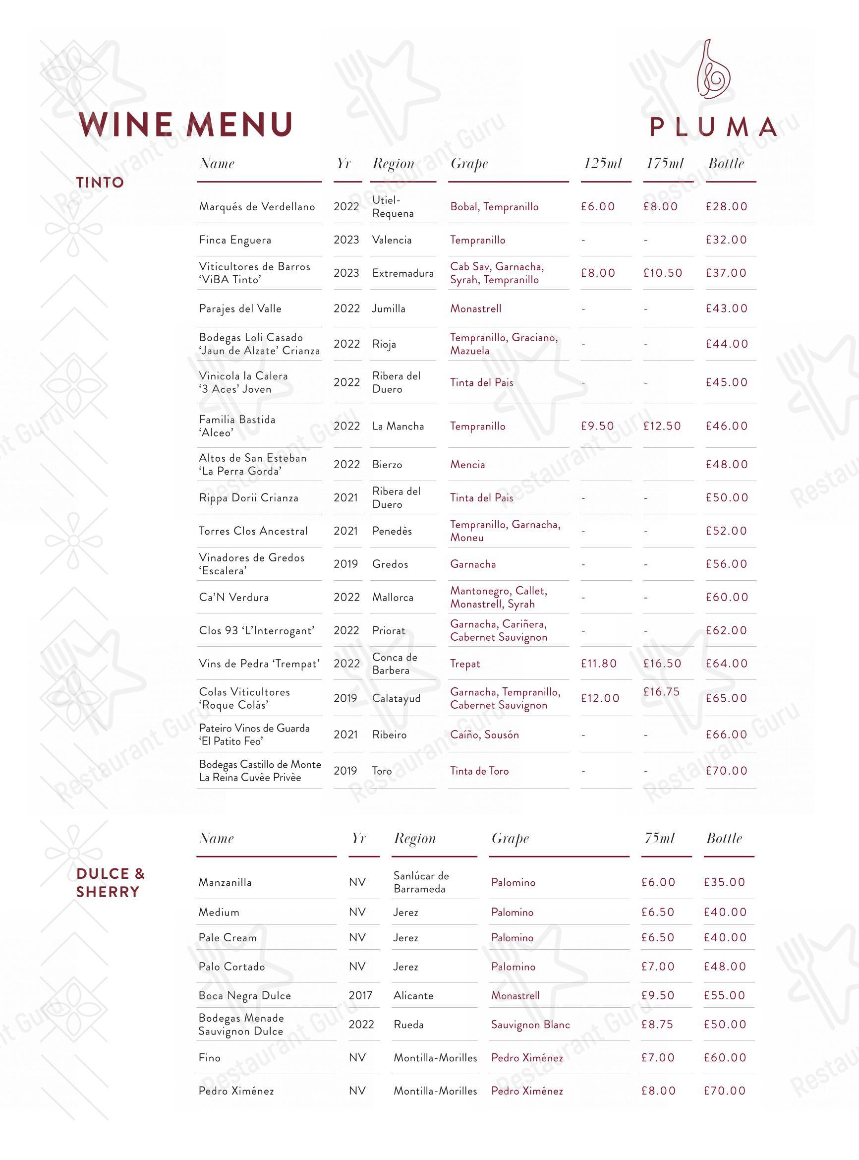 Menu at Pluma restaurant, Amersham