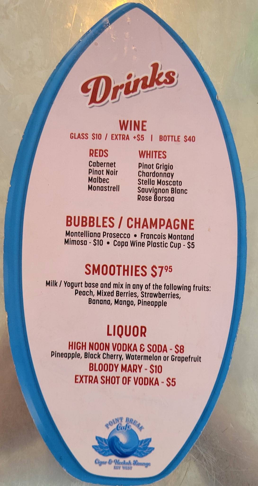 Menu at Point Break Café Key West cafe, Key West