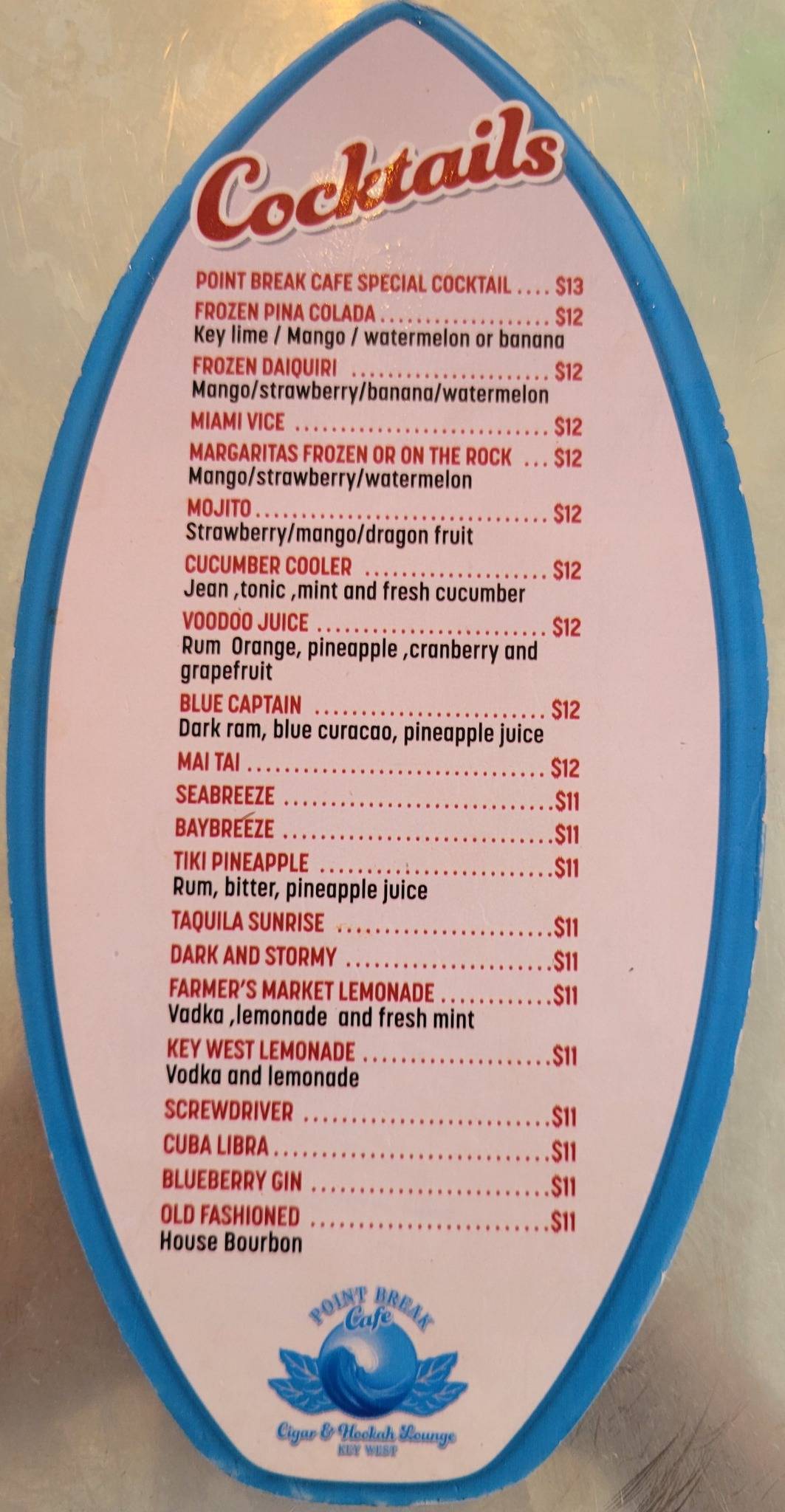 Menu at Point Break Café Key West cafe, Key West