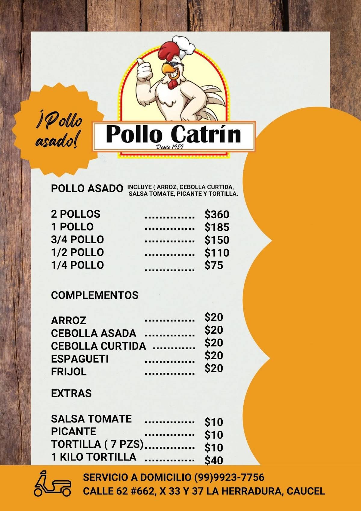 Carta del restaurante Pollo Catrín Caucel, Merida