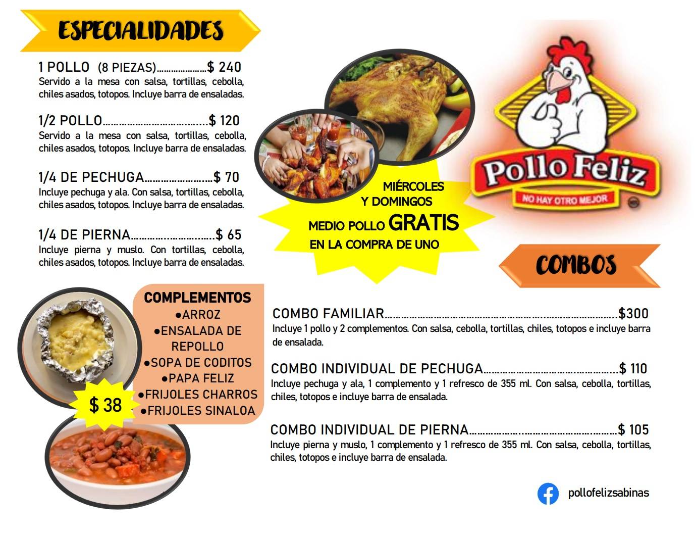 Carta del restaurante Pollo Feliz, Sabinas, Revolución 155