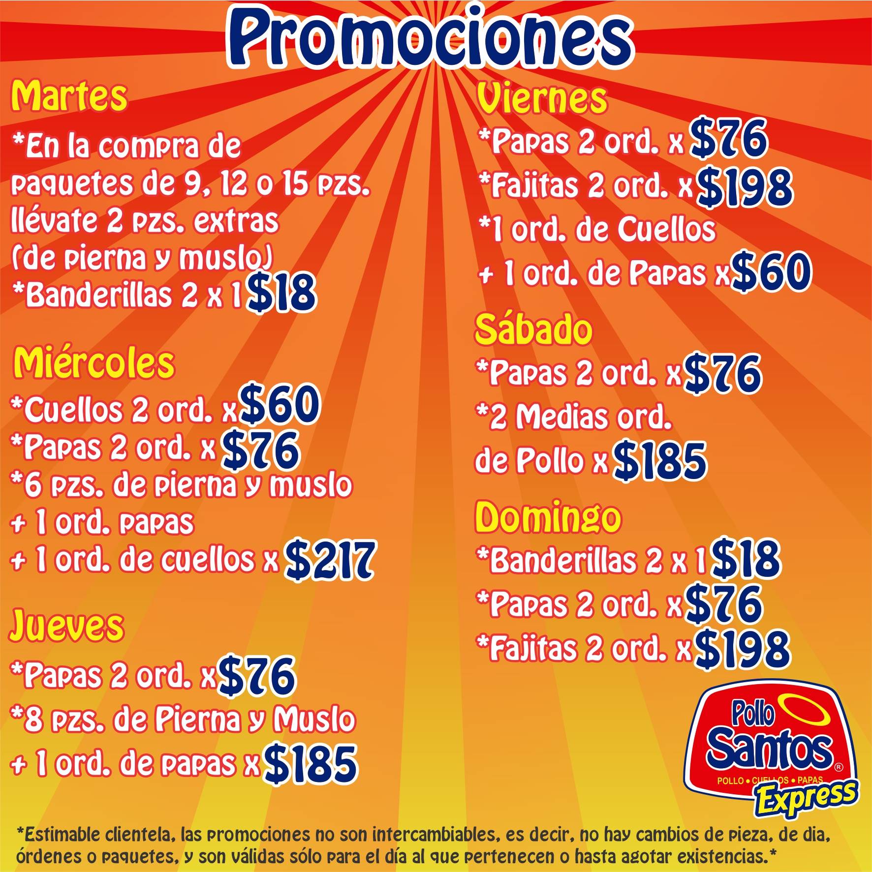 Carta del restaurante Pollo Santos Express, Torreón