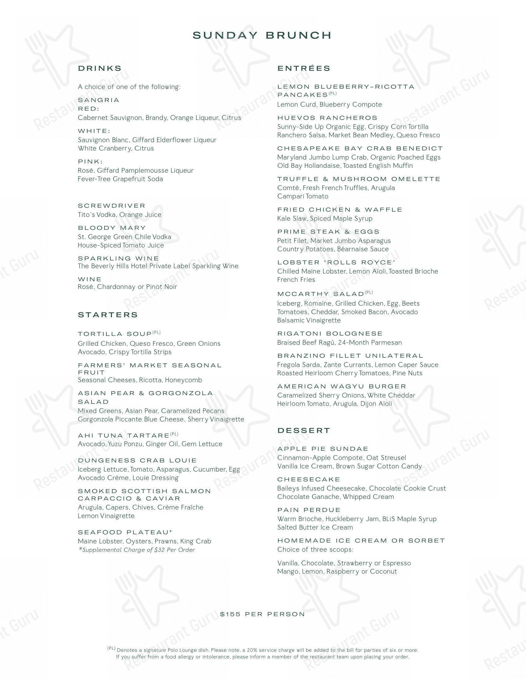 Menu at Polo Lounge restaurant, Beverly Hills