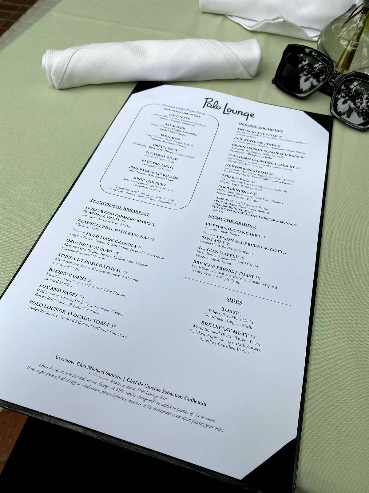 Menu at Polo Lounge restaurant, Beverly Hills