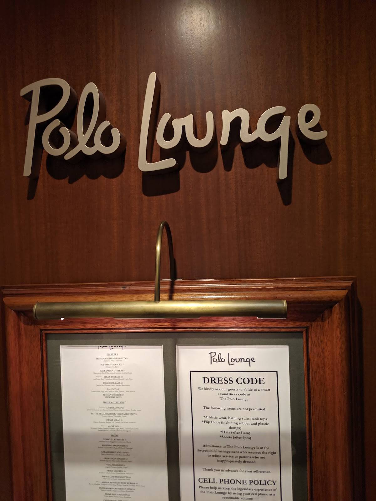 Menu at Polo Lounge restaurant, Beverly Hills