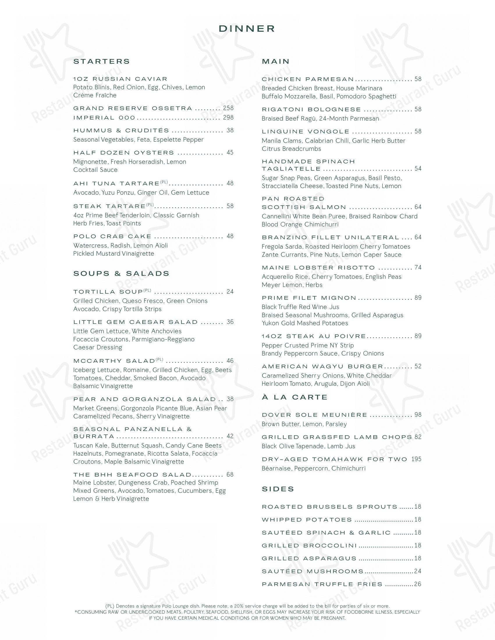 Menu at Polo Lounge restaurant, Beverly Hills