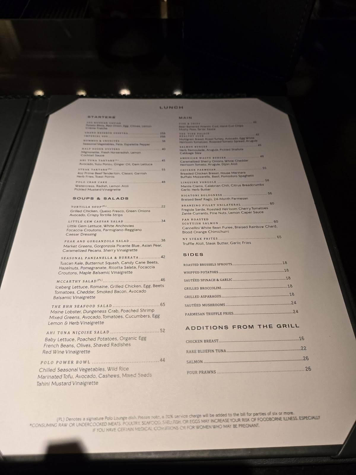 Menu at Polo Lounge restaurant, Beverly Hills