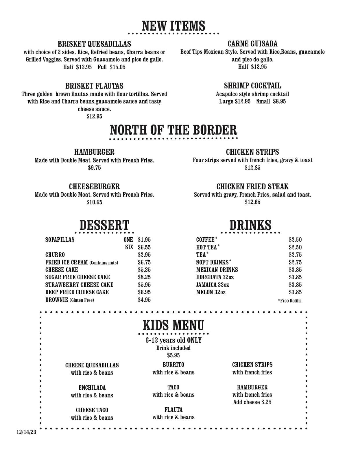 Menu at Polo's Mexican Cafe, Weatherford, Fort Worth Hwy