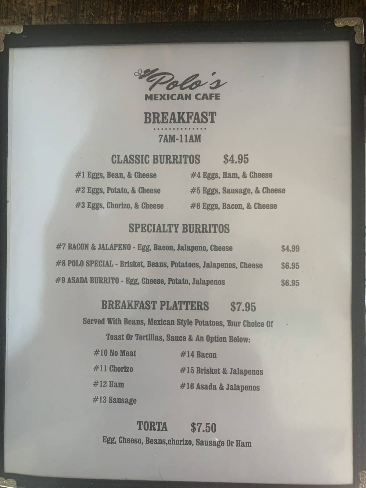 Menu at Polo's Mexican Cafe, Weatherford, Fort Worth Hwy