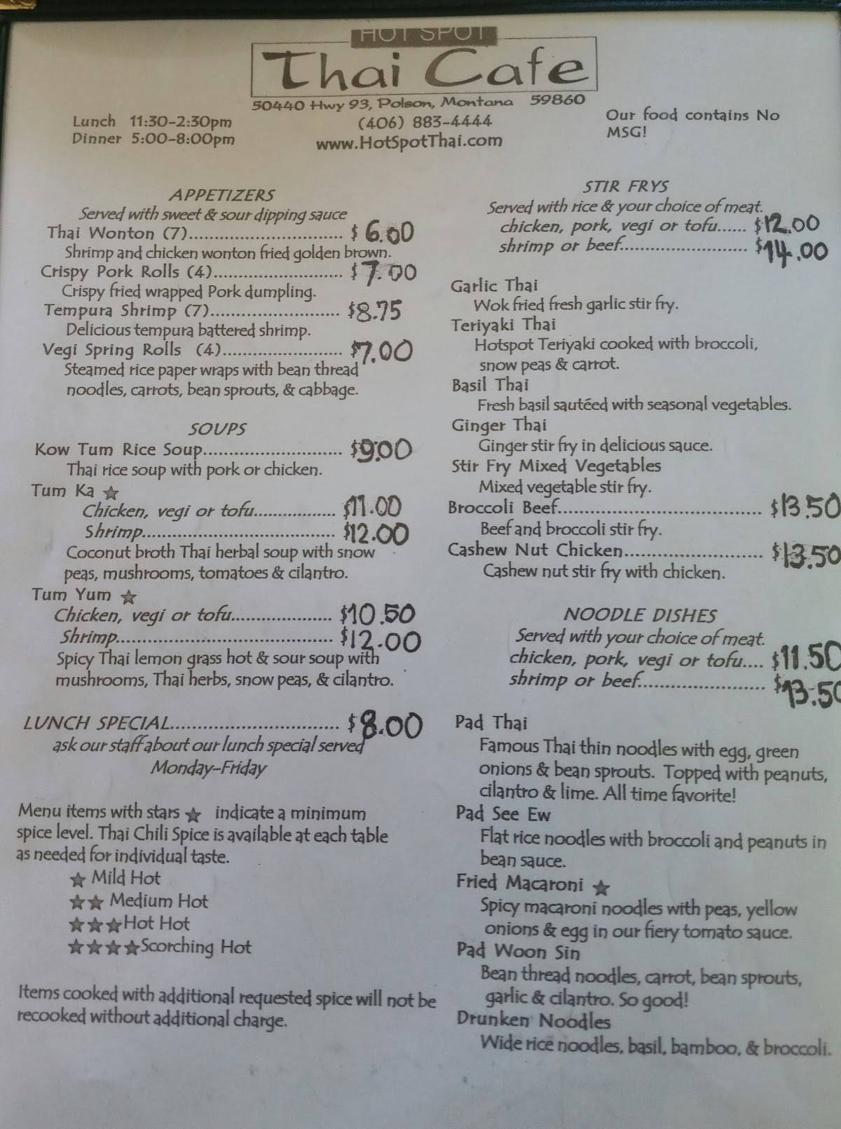 Menu at Hot Spot Thai Cafe, Polson