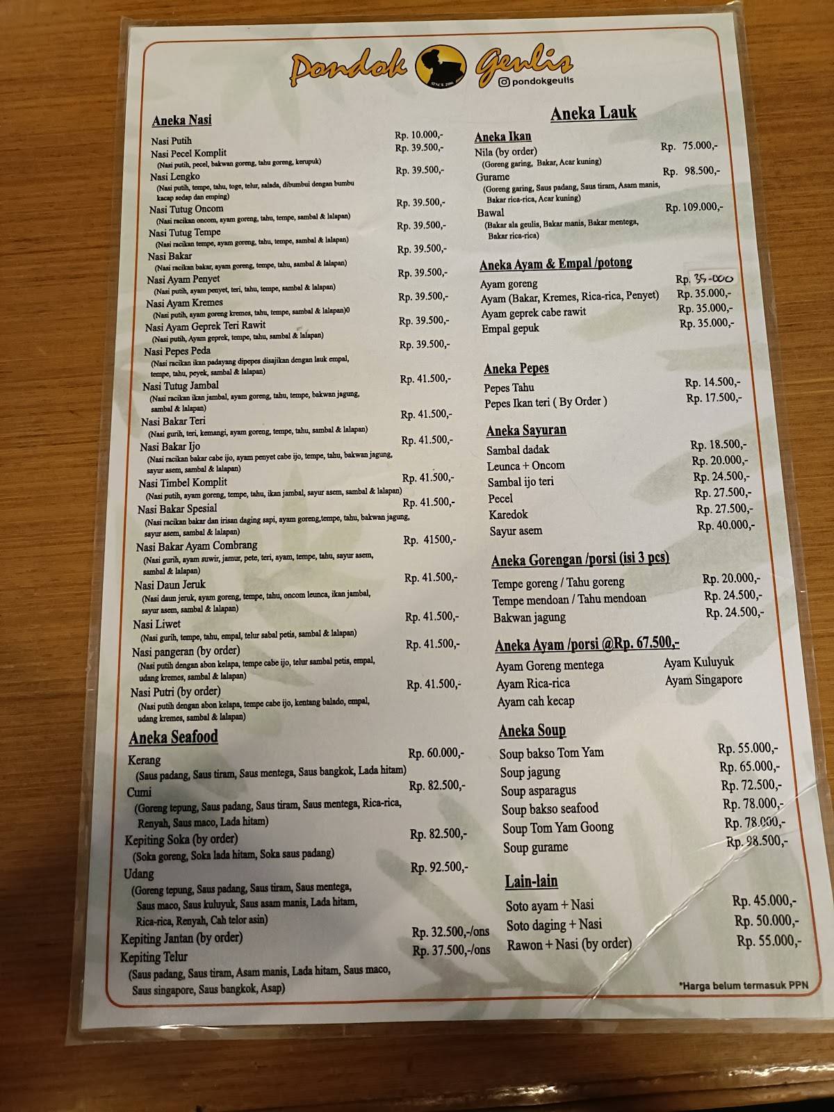 Menu at Pondok Geulis restaurant, South Jakarta, Margasatwa NO 28D