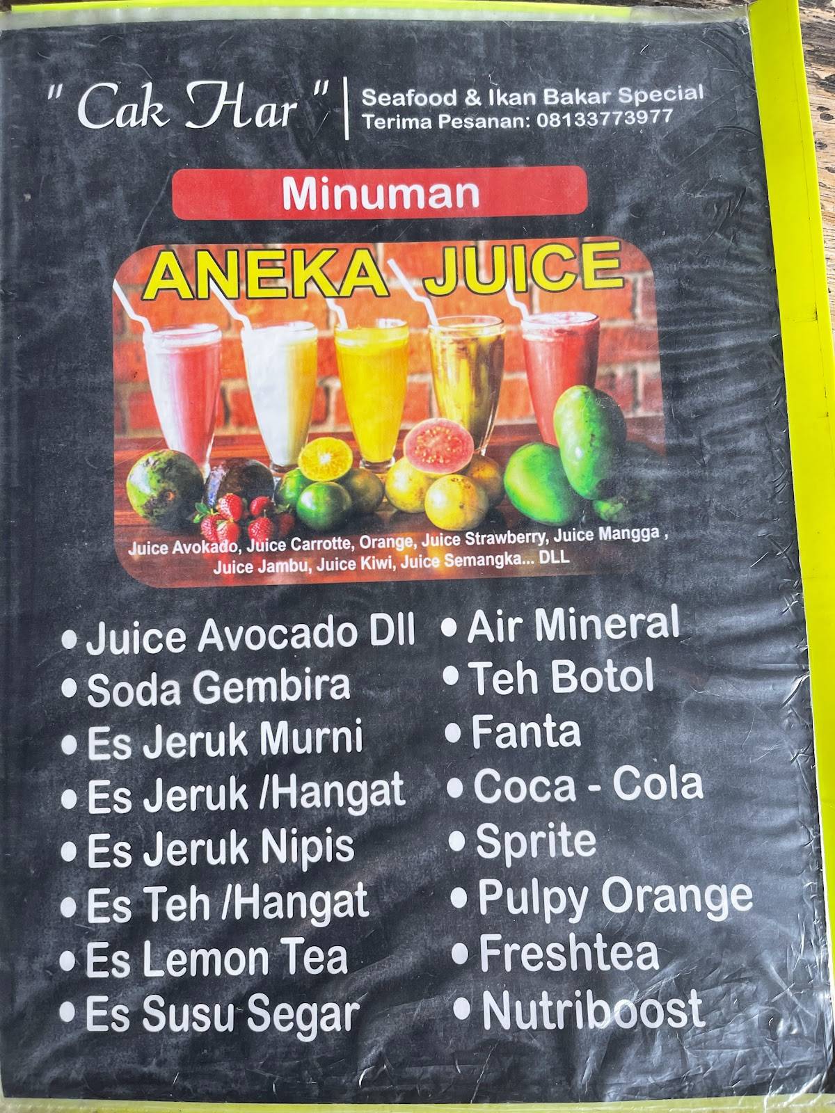 Menu at Pondok Seafood Cak Har restaurant, Denpasar