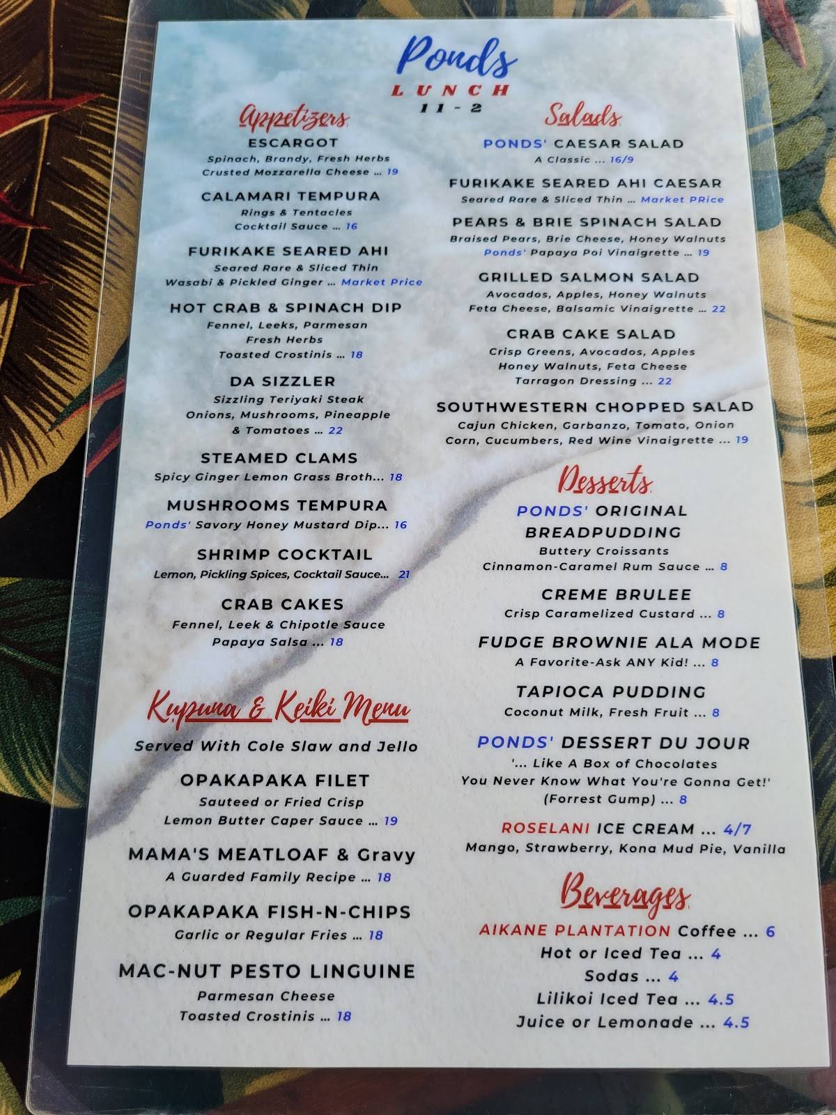 Menu at Ponds Hilo restaurant, Hilo