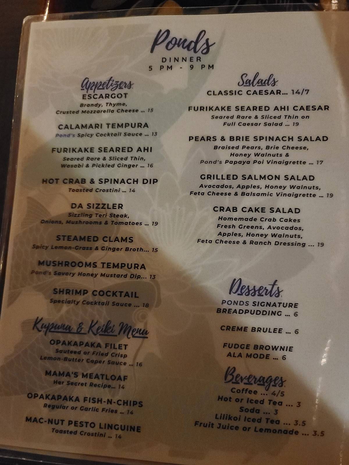 Menu at Ponds Hilo restaurant, Hilo