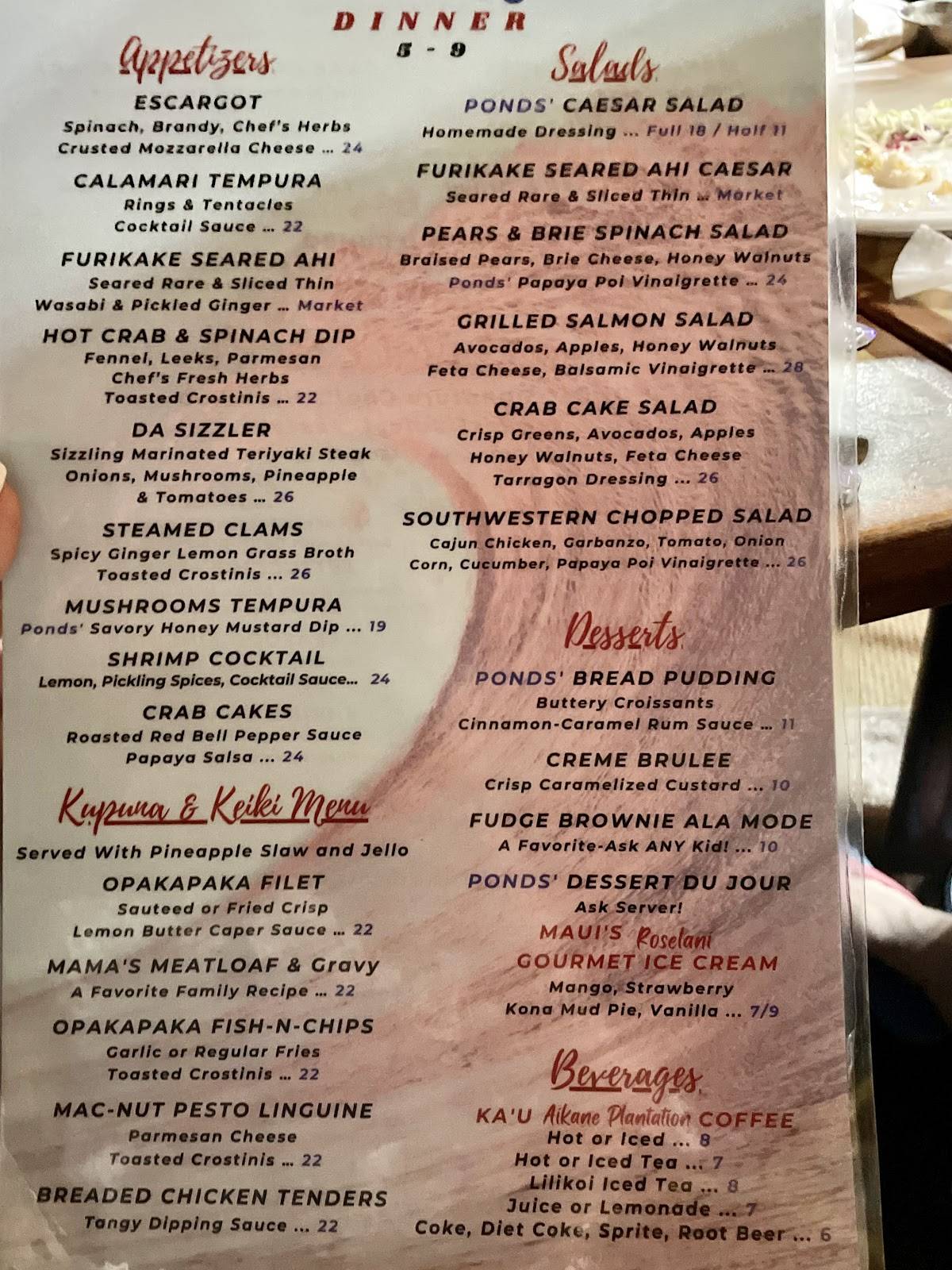 Menu at Ponds Hilo restaurant, Hilo