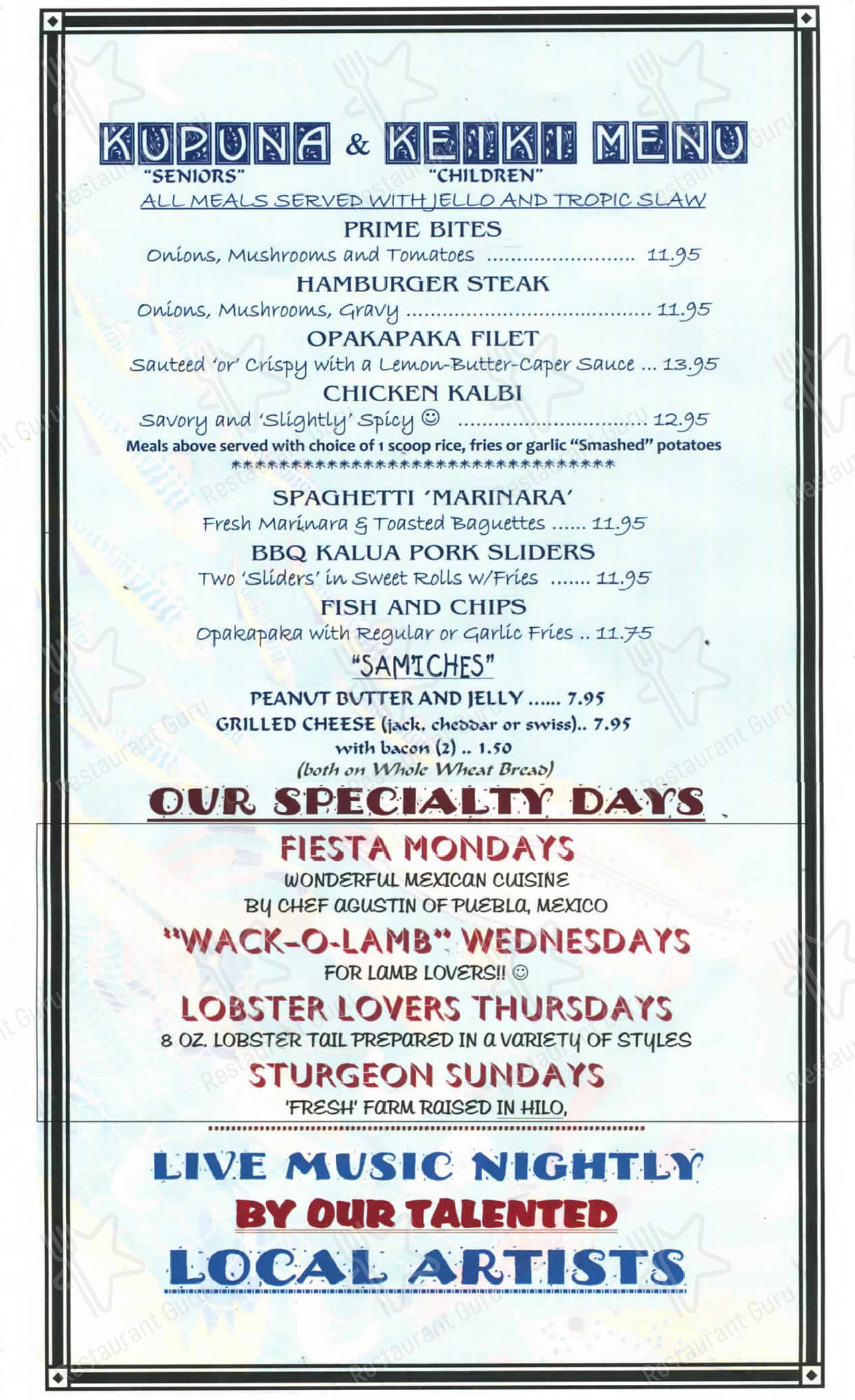 Menu at Ponds Hilo restaurant, Hilo
