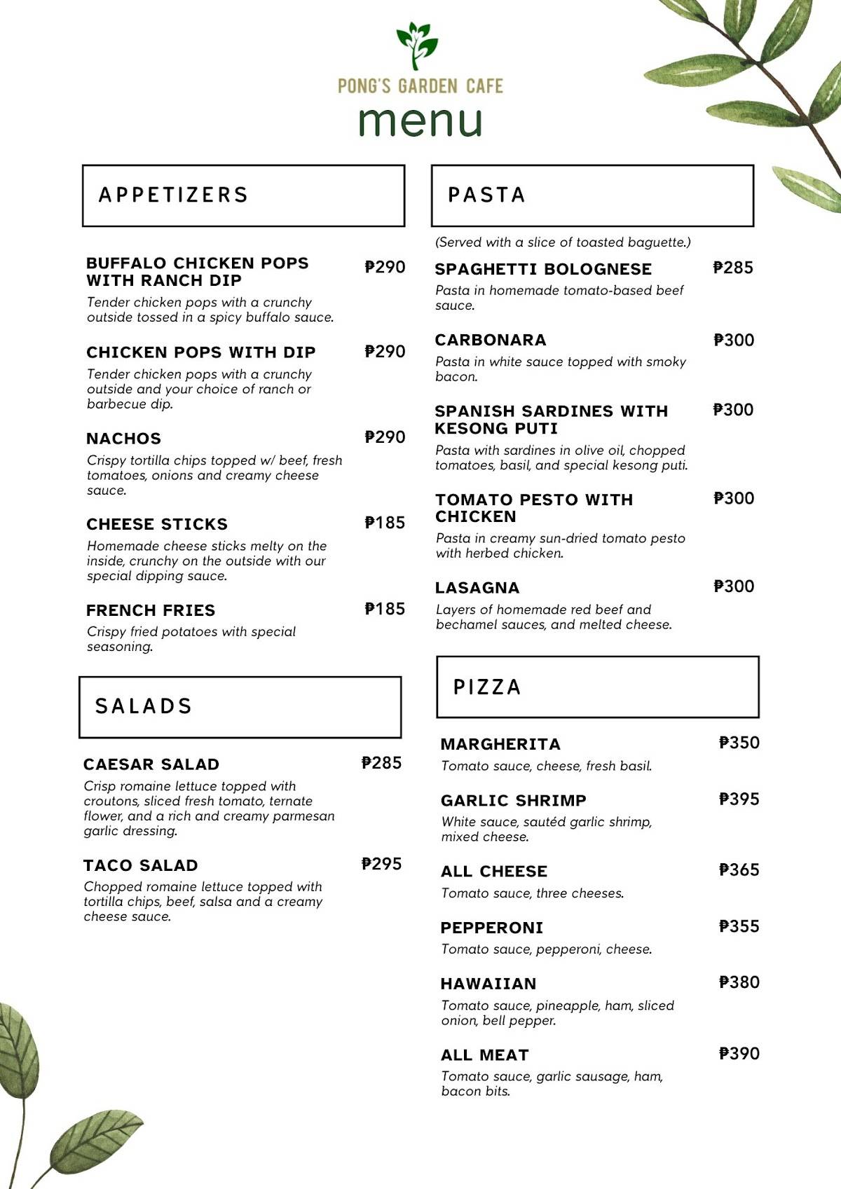 Menu at Pong's Garden Cafe, Angat