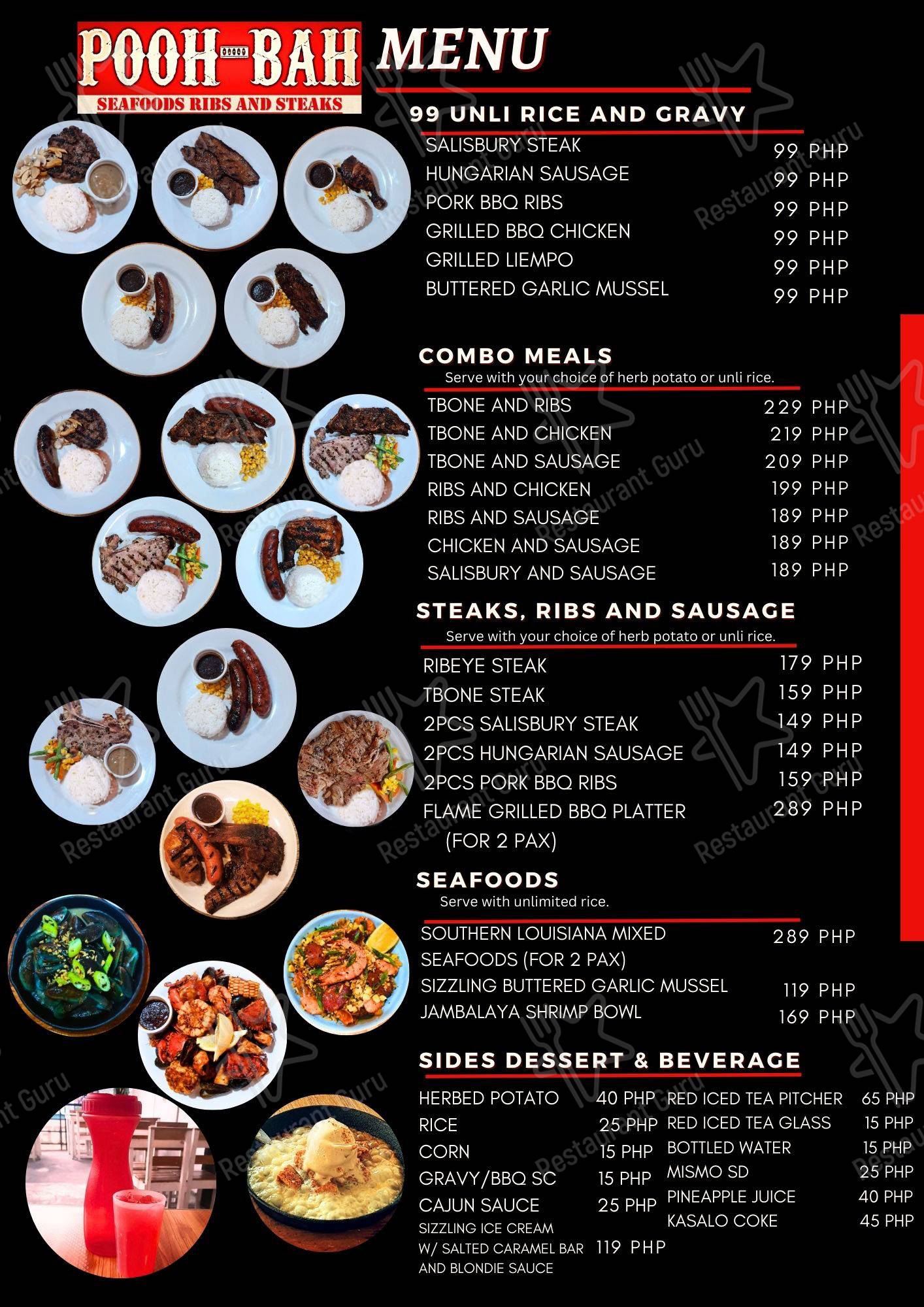 Menu at Pooh-bah seafoods, ribs and steaks restaurant, Manila