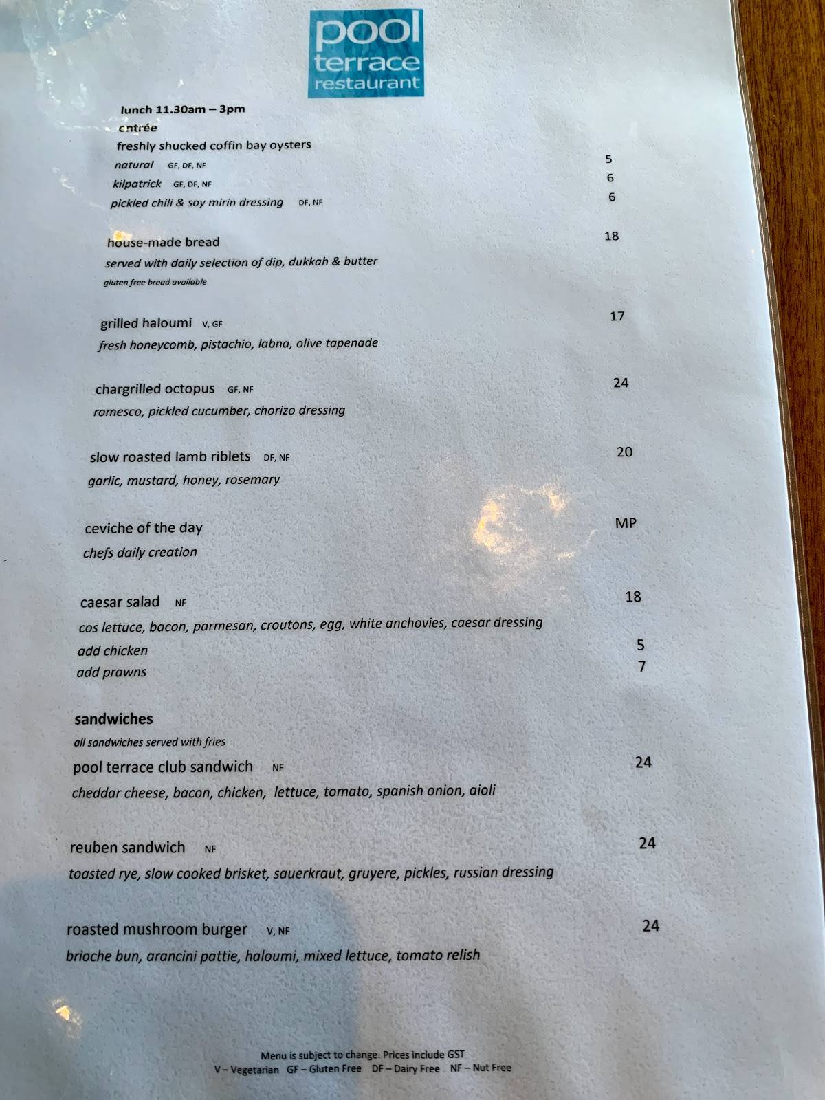 Menu at Pool Terrace Restaurant, Hamilton Island