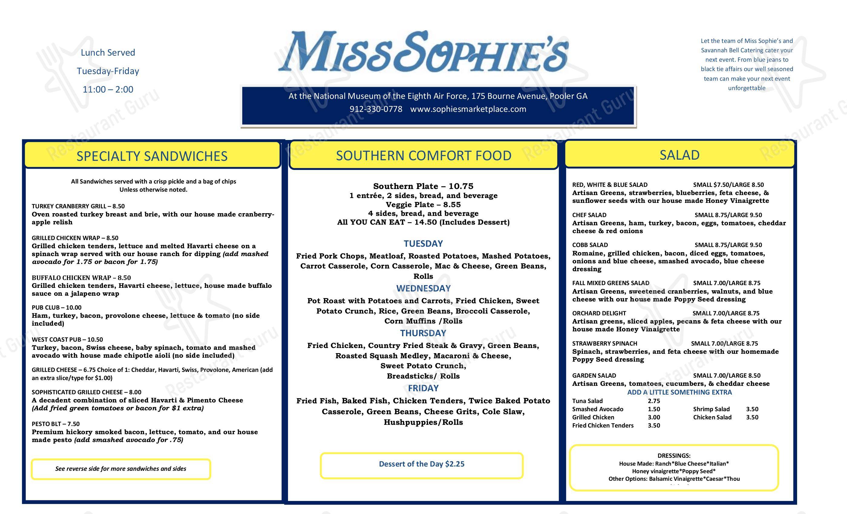 Menu at Miss Sophie's Marketplace restaurant, Pooler