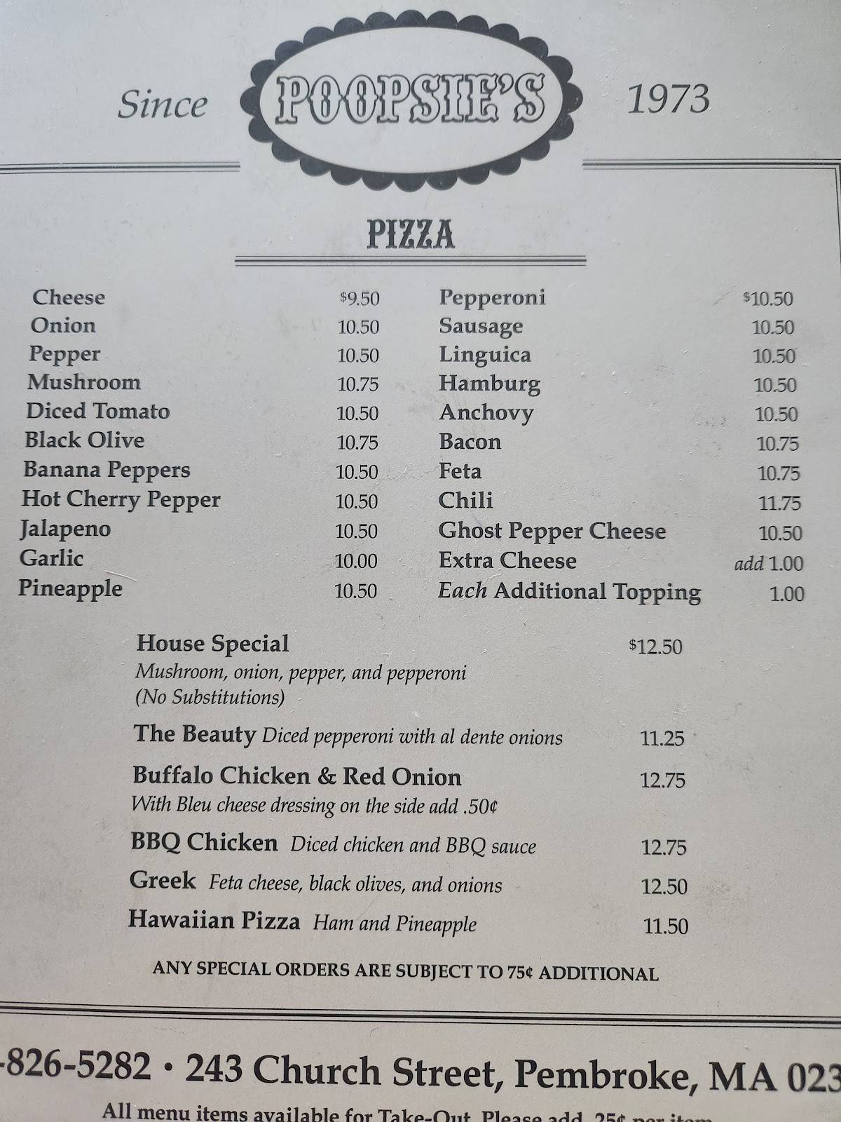 Menu at Poopsie's pub & bar, Pembroke