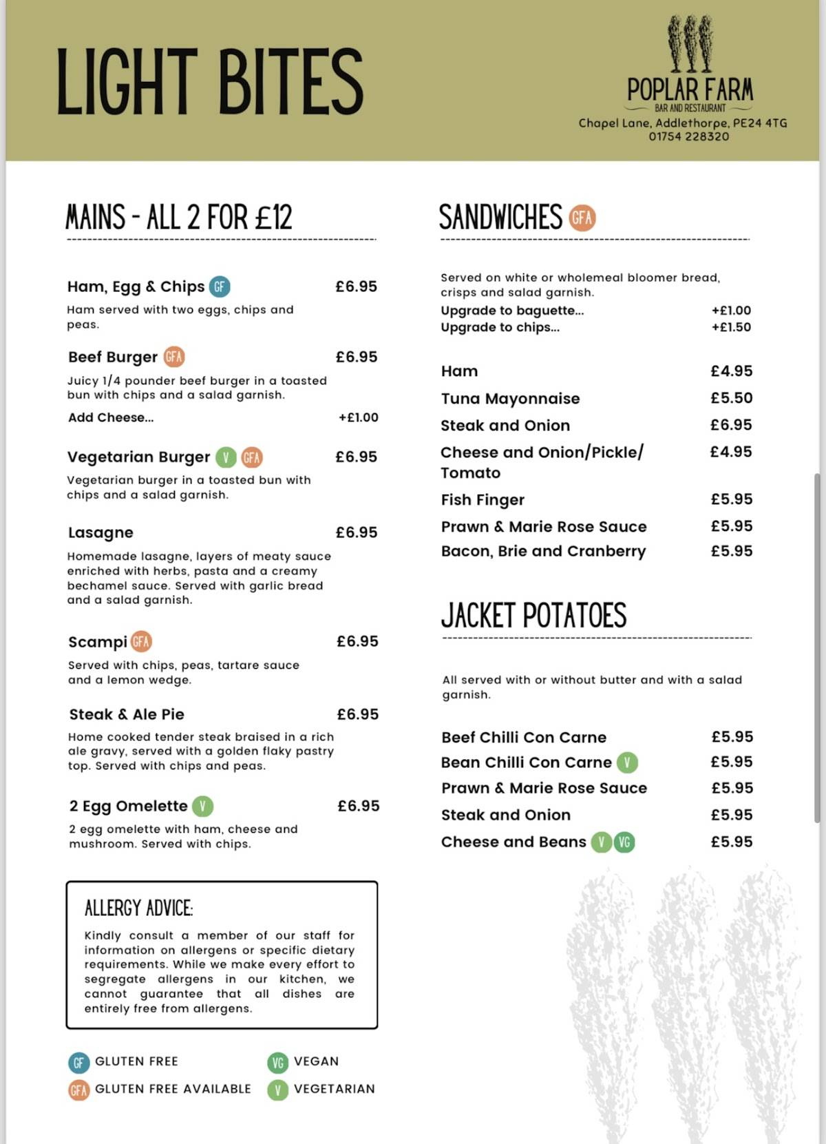 Menu at Poplar Farm Bar & Restaurant, Skegness, Chapel Ln