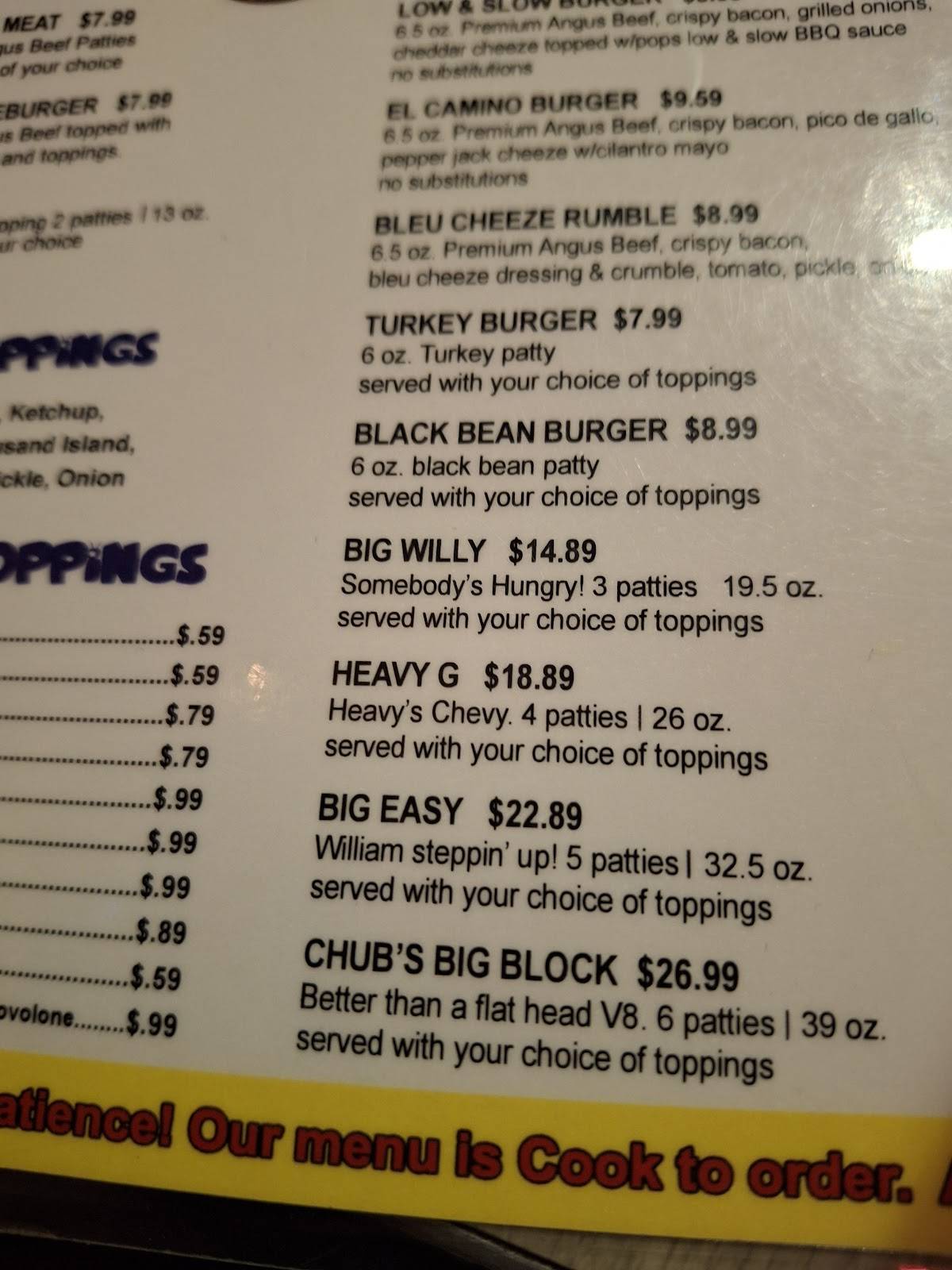 Menu at Pop's Burger Stand restaurant, Waxahachie