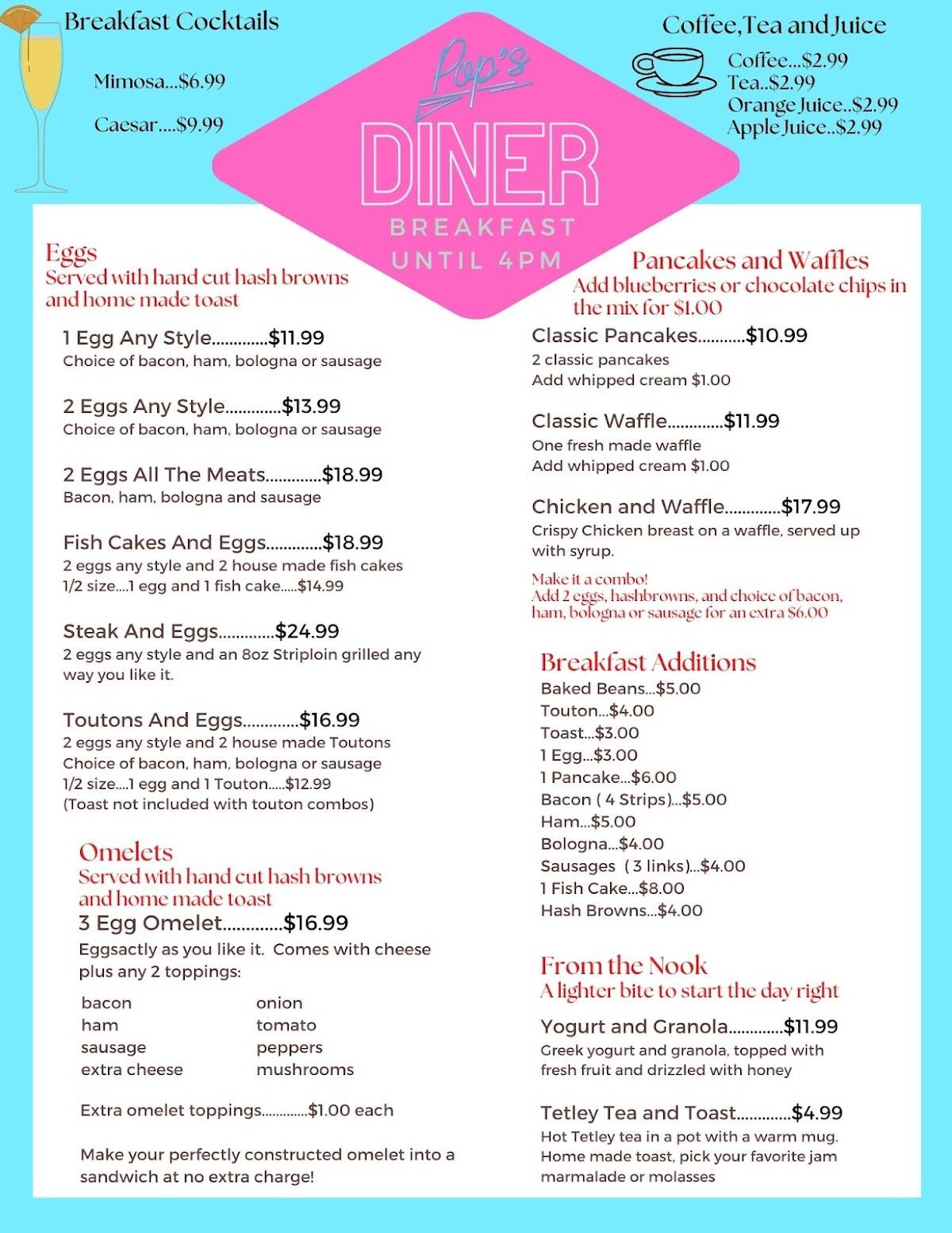 Menu at Pop’s Diner restaurant, St. John's
