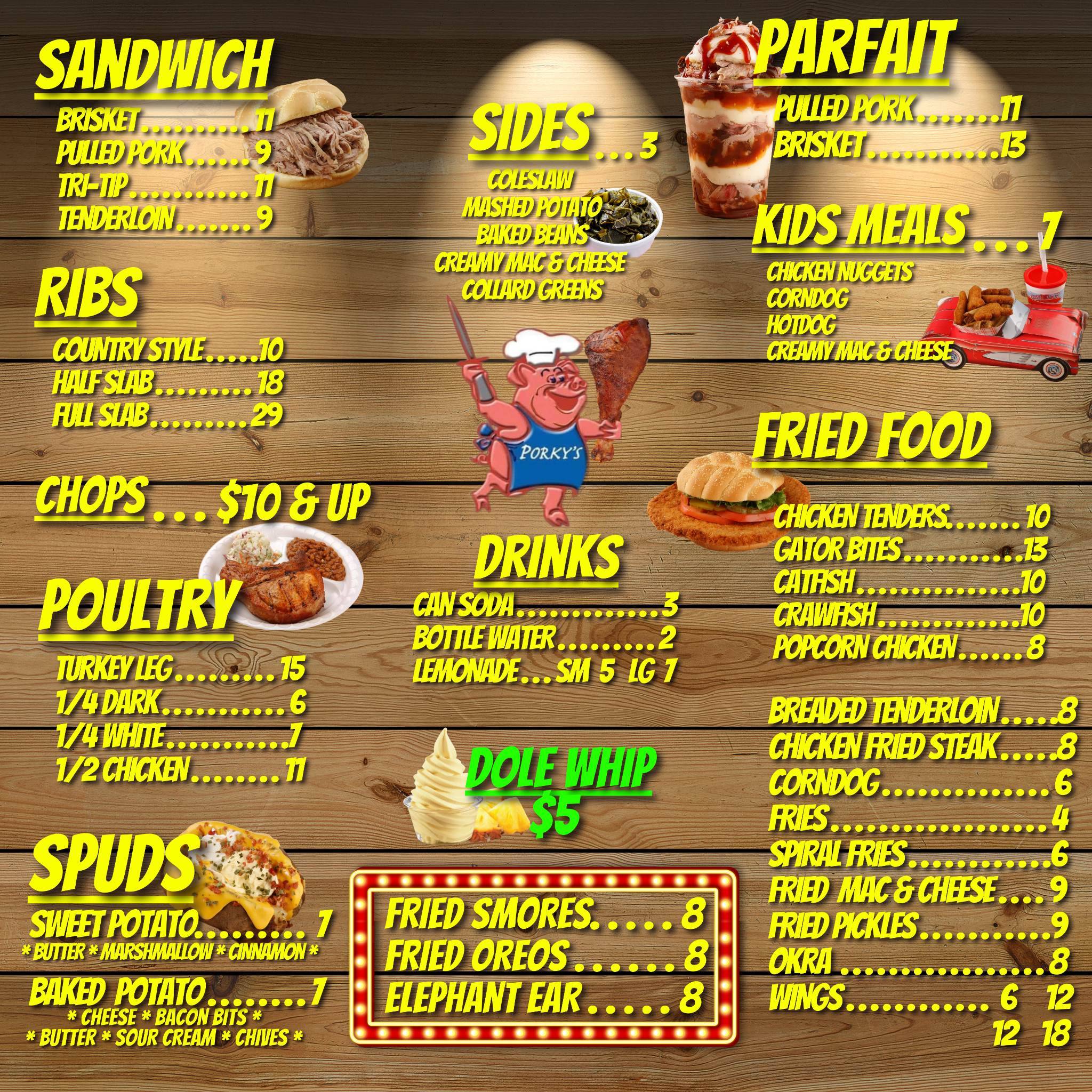Menu at Porky's Fry & Grill Trailer restaurant, Lafayette