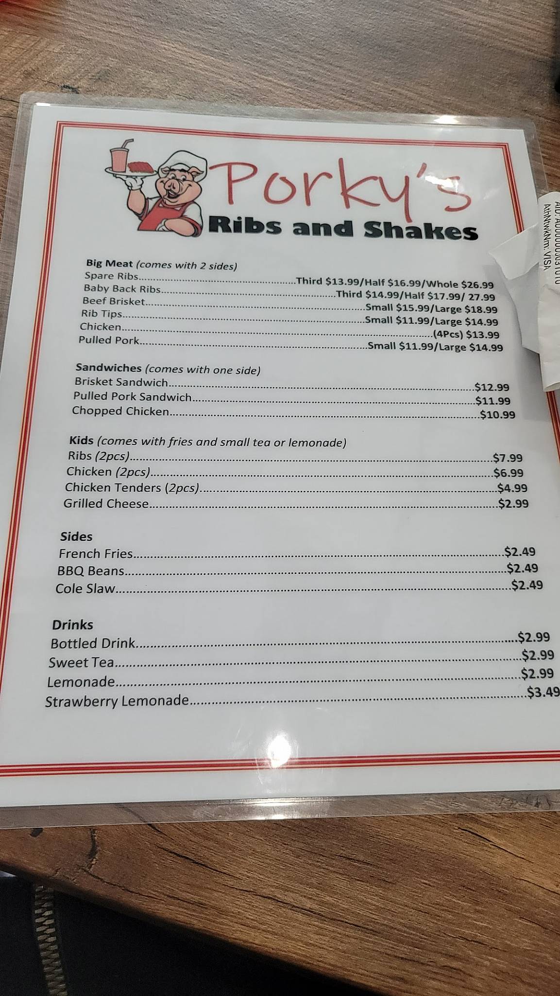 Menu at Porky’s Ribs & Shakes restaurant, Green Bay