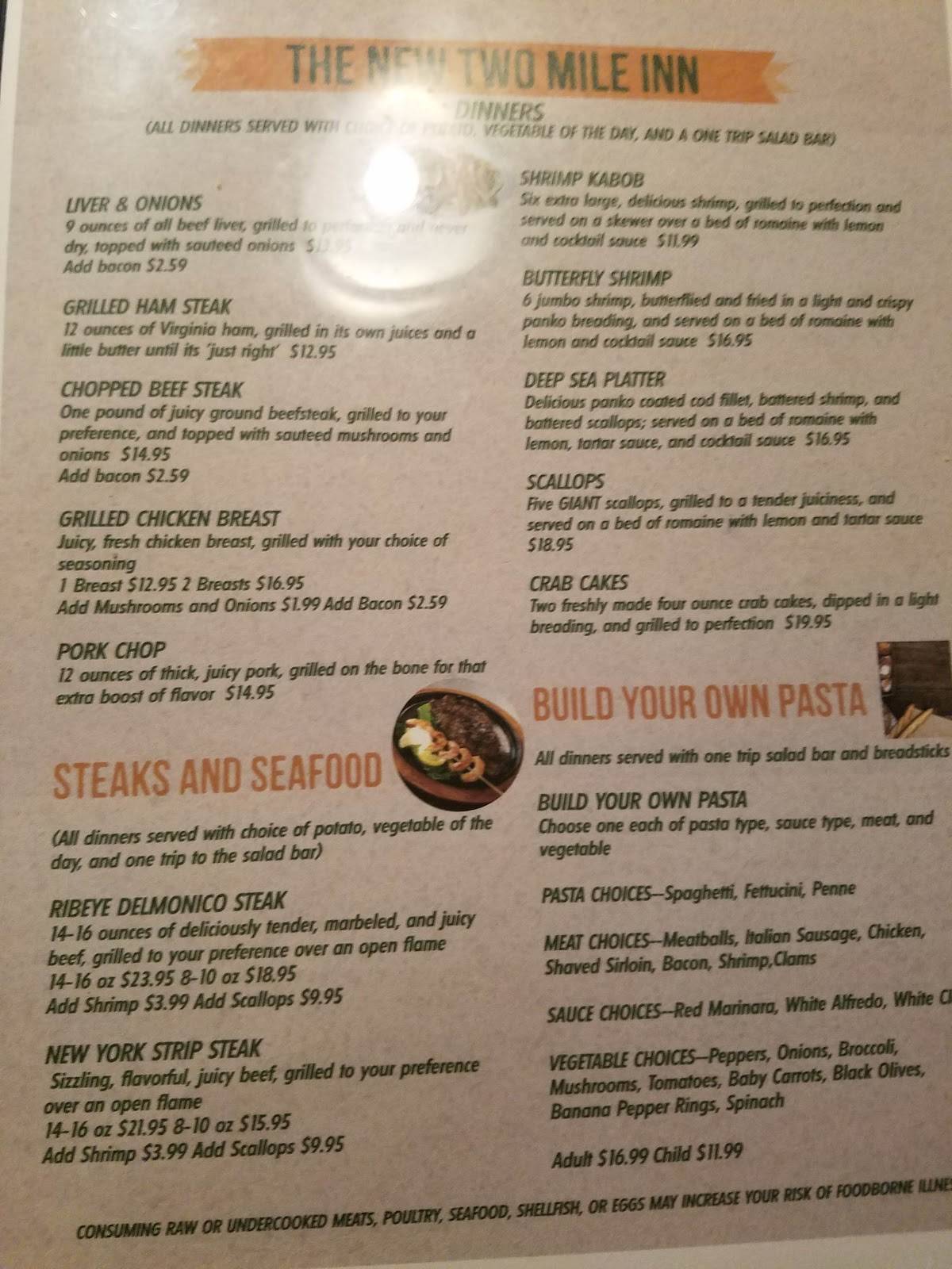 Menu at The New Two Mile Inn pub & bar, Port Allegany