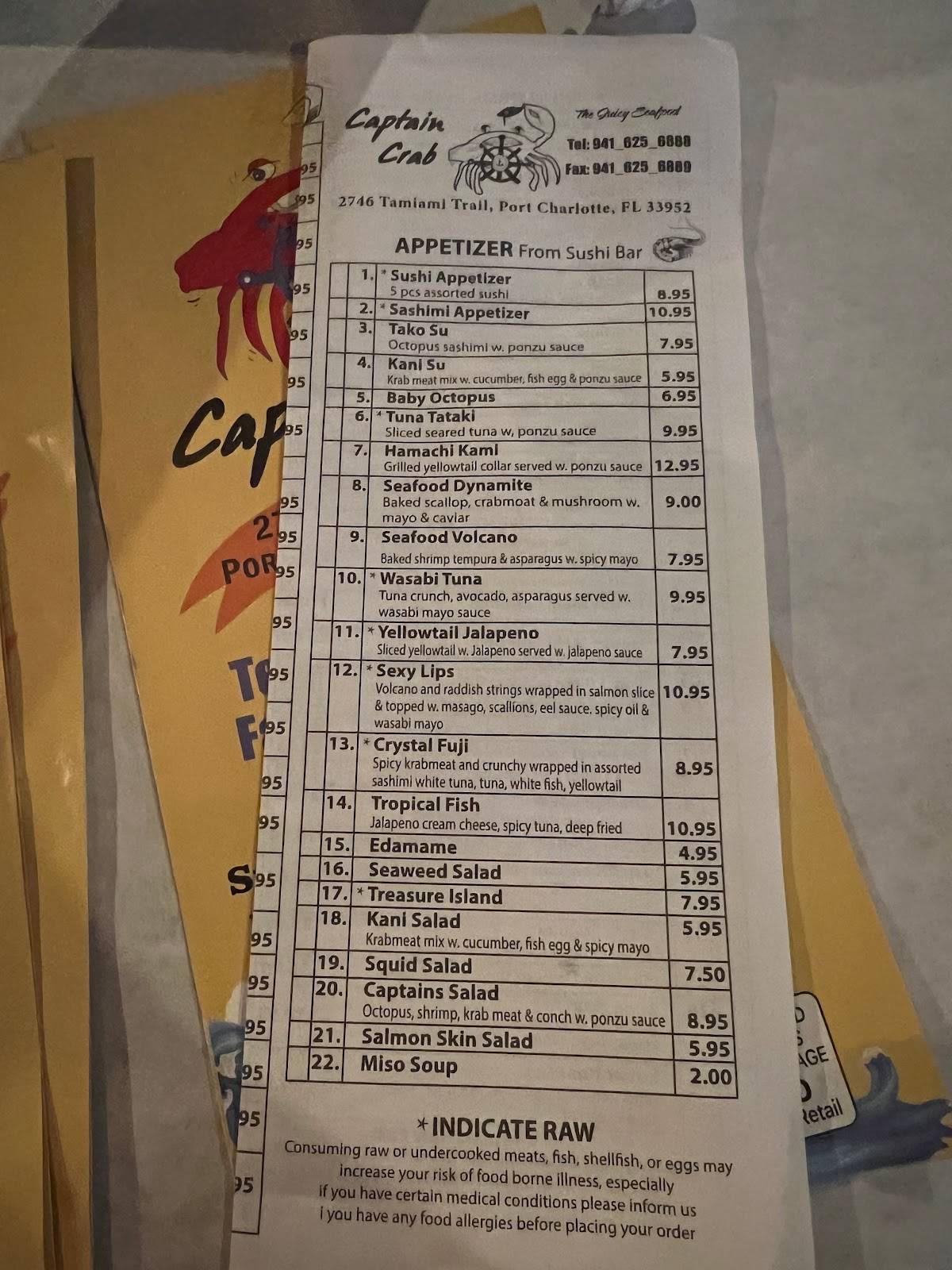 Menu at Captain Crab Seafood restaurant, Port Charlotte