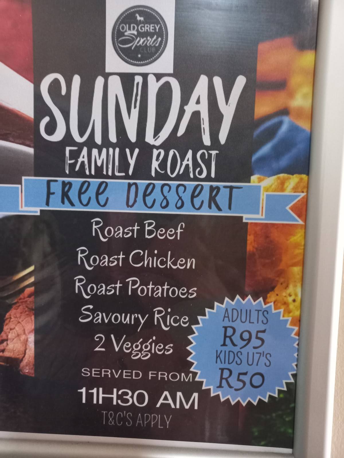 Menu at Old Grey Club, Port Elizabeth