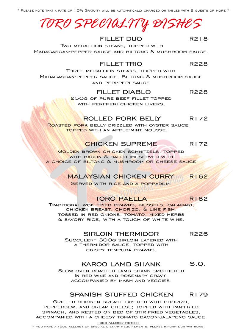 Menu at TORO Sushi, Teppanyaki & Seafood restaurant, Port Elizabeth