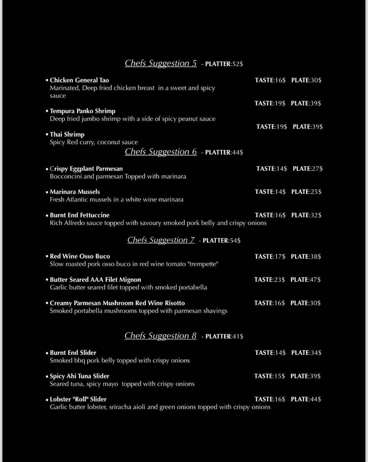 Menu au Portabella restaurant, Hudson