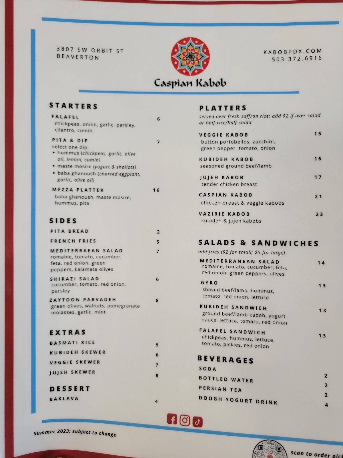 Menu at Caspian Kabob restaurant, Beaverton, SW Orbit St