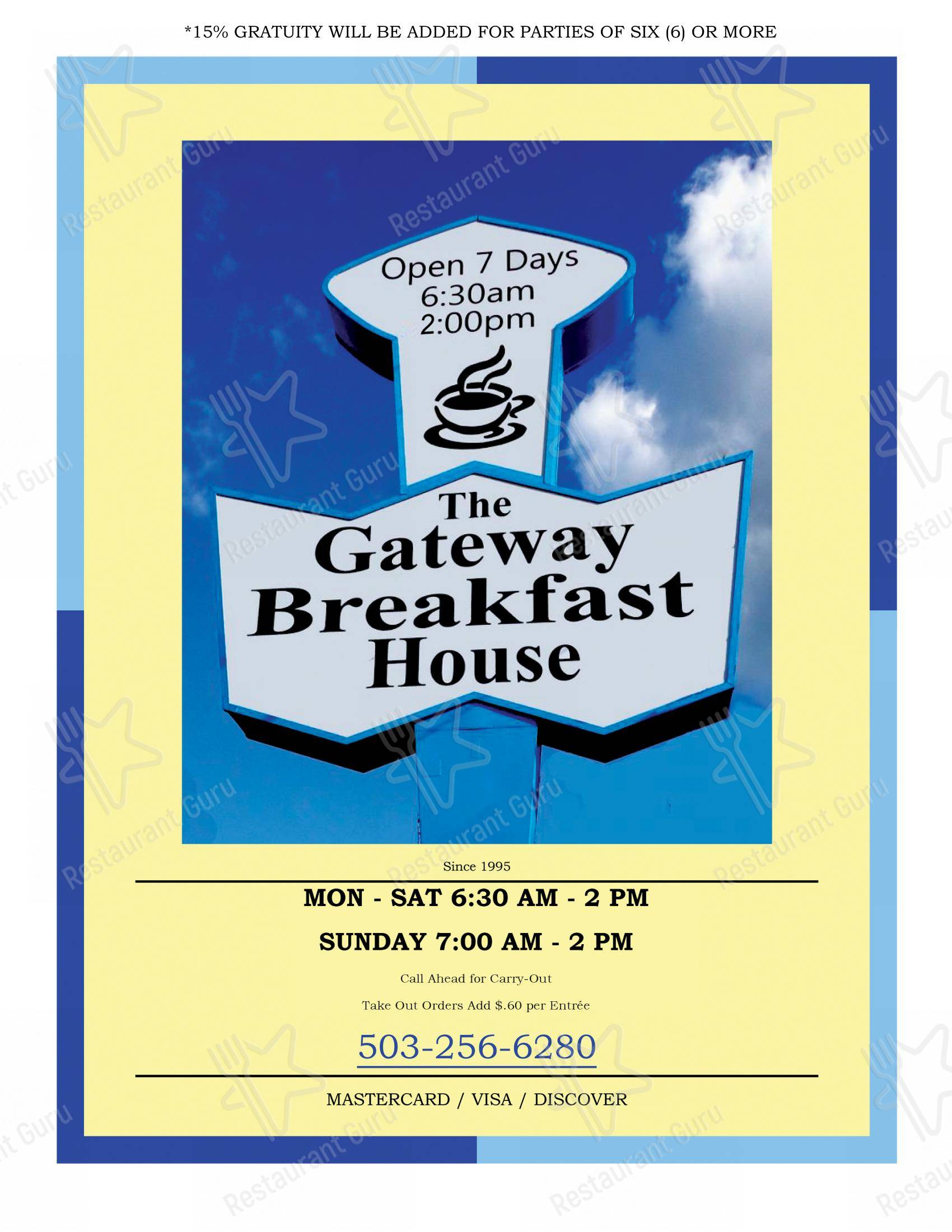 Menu at Gateway Breakfast House restaurant, Portland