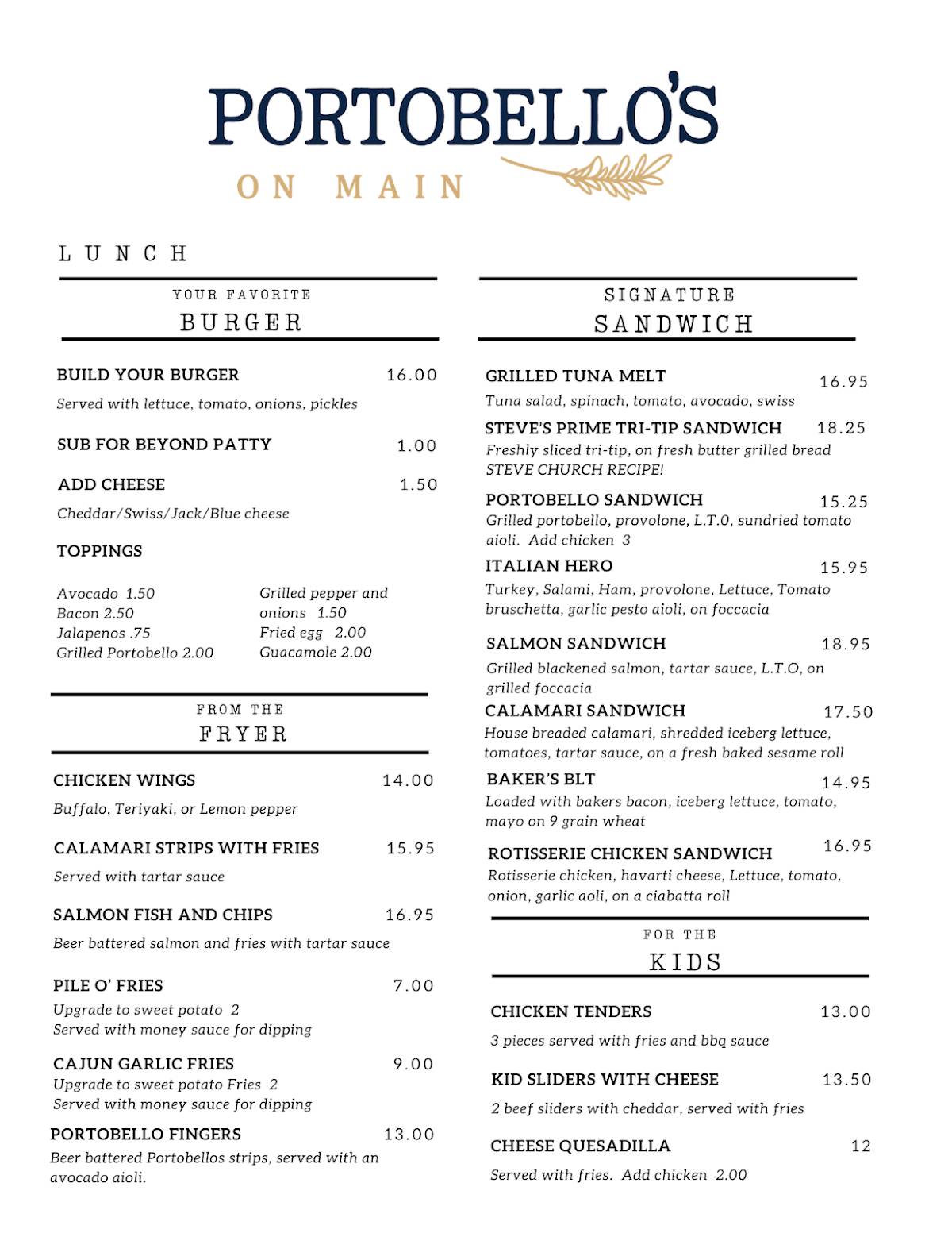 Menu at Portobello's on Main restaurant, Salinas, 150 Main St #116