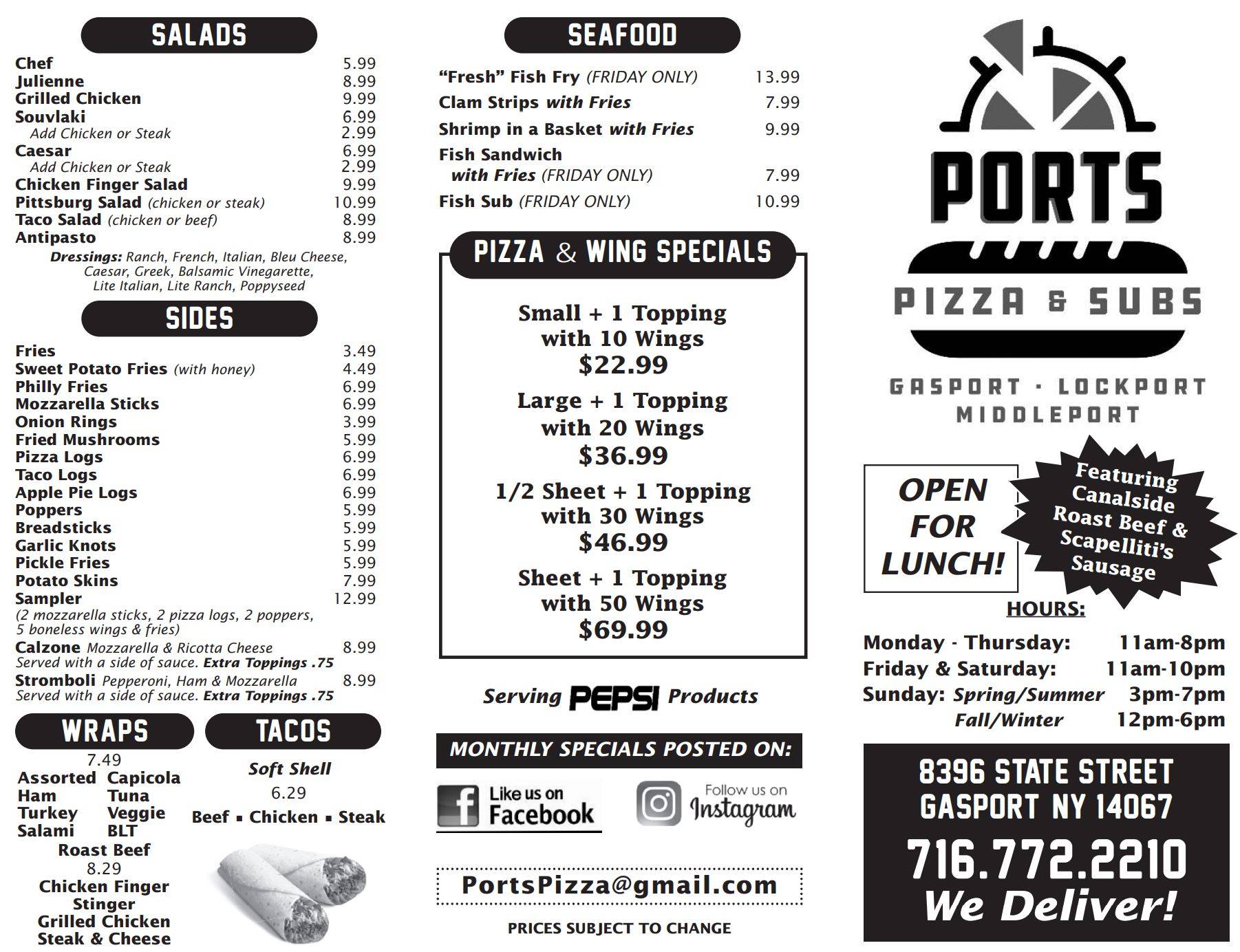 Menu at Ports Pizza & Subs pizzeria, Gasport