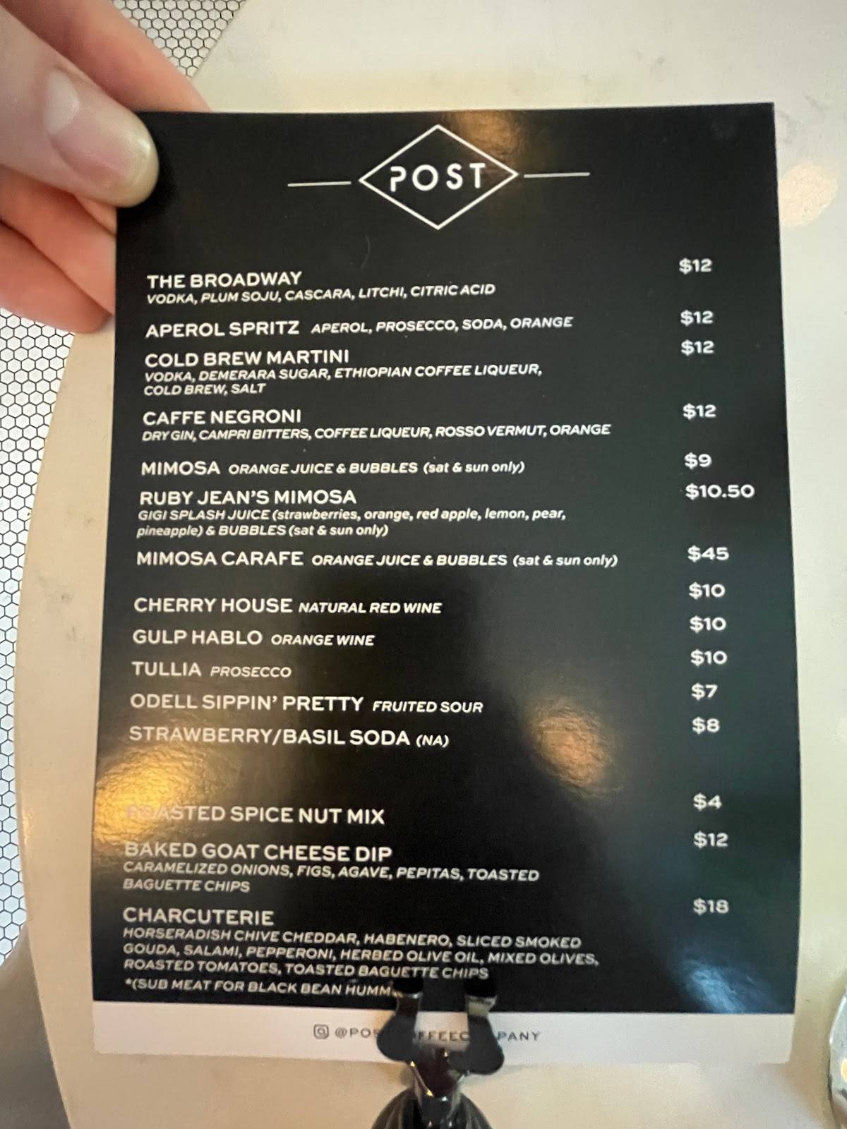 Menu at Post Coffee Company, Kansas City