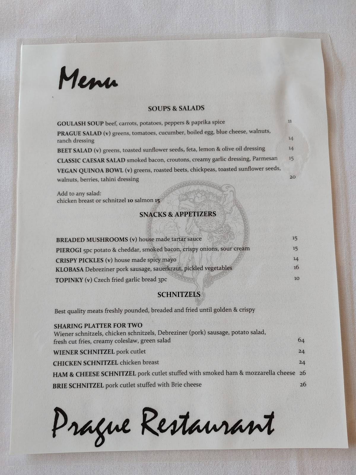 Menu at Prague Restaurant, Toronto
