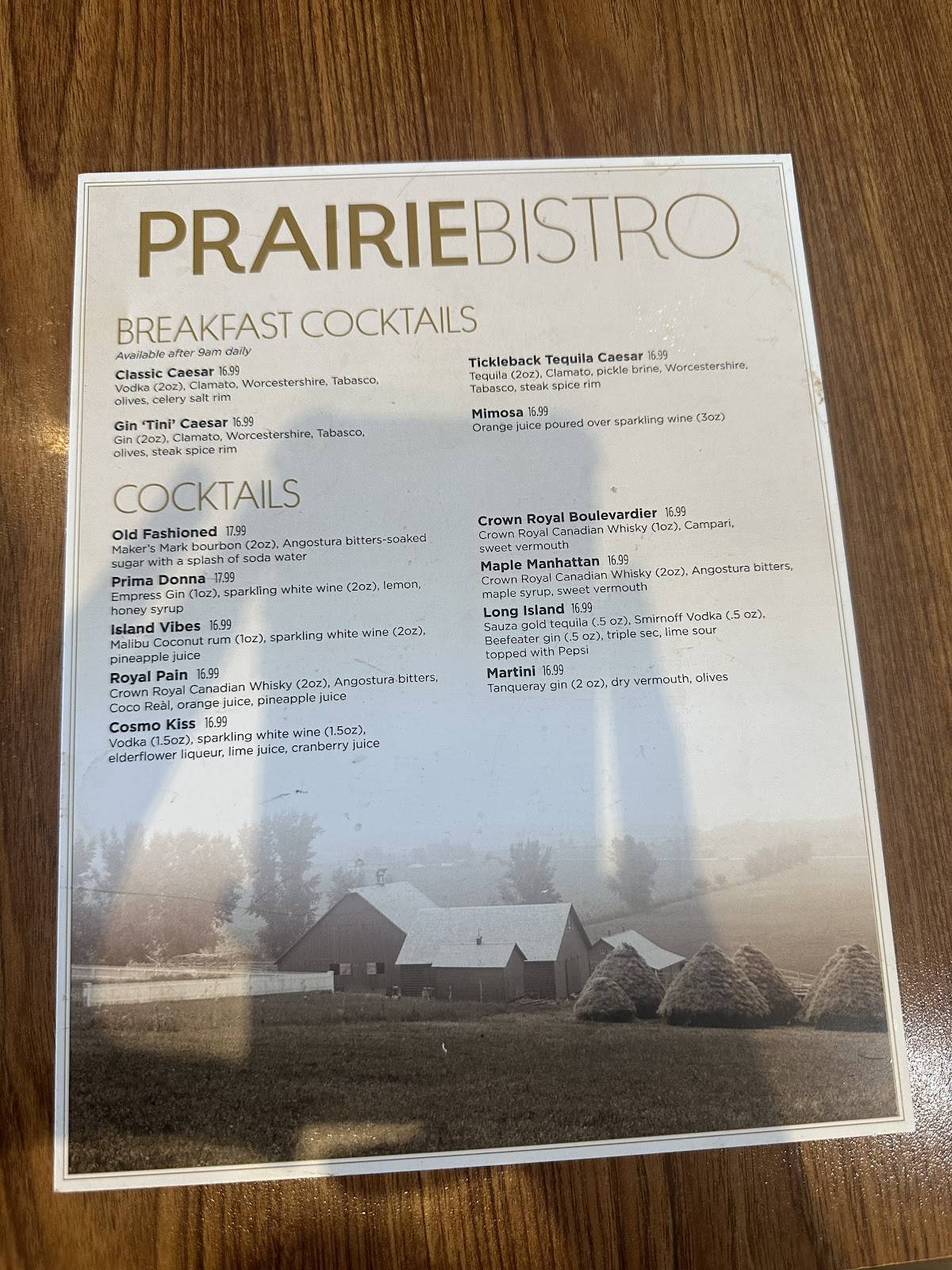 Menu at Prairie Bistro cafe, Winnipeg, Wellington Ave