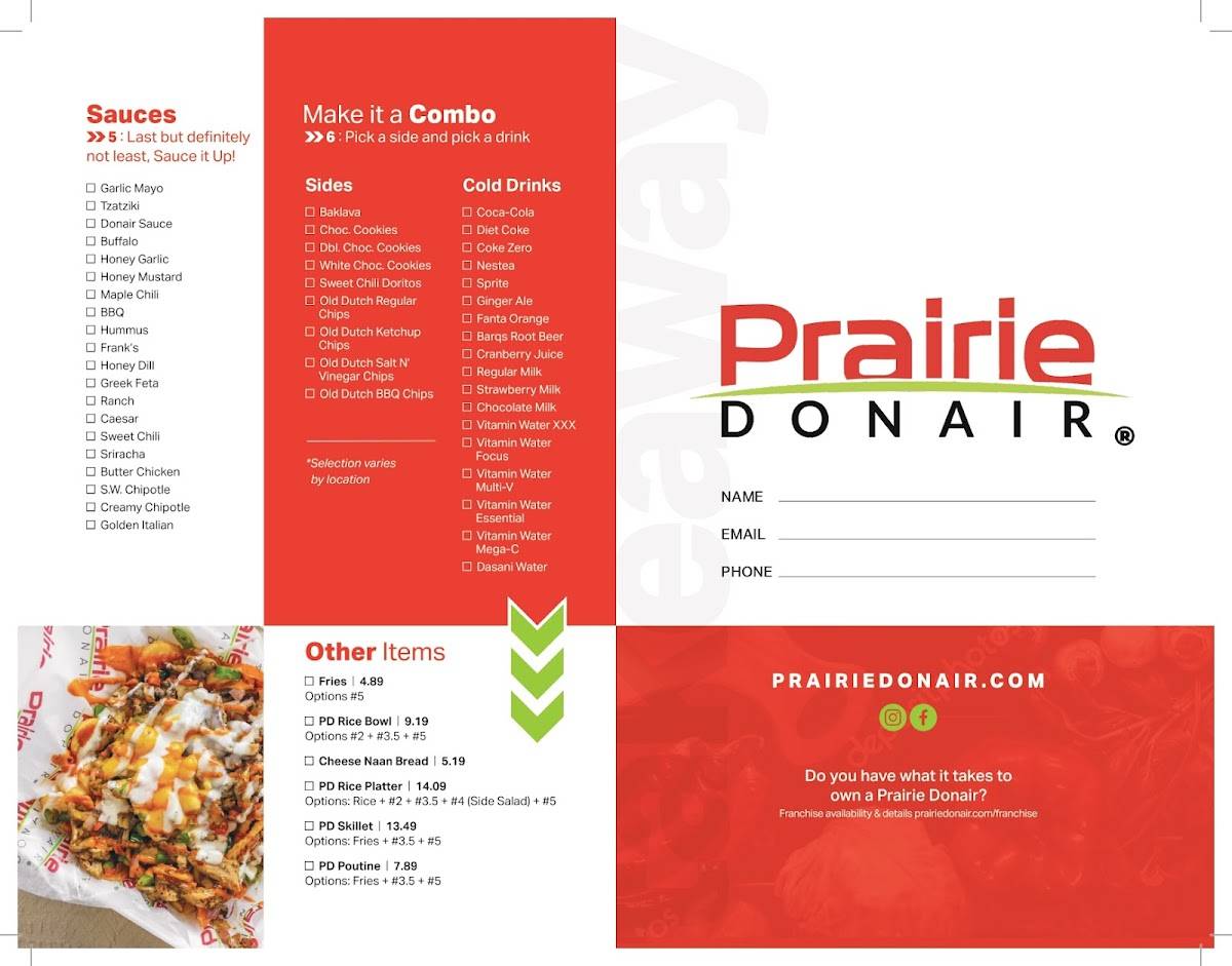 Menu at Prairie Donair restaurant, Assiniboia