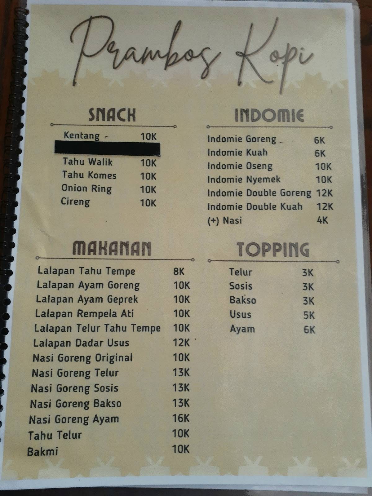 Menu at Prambos Kopi, Indonesia