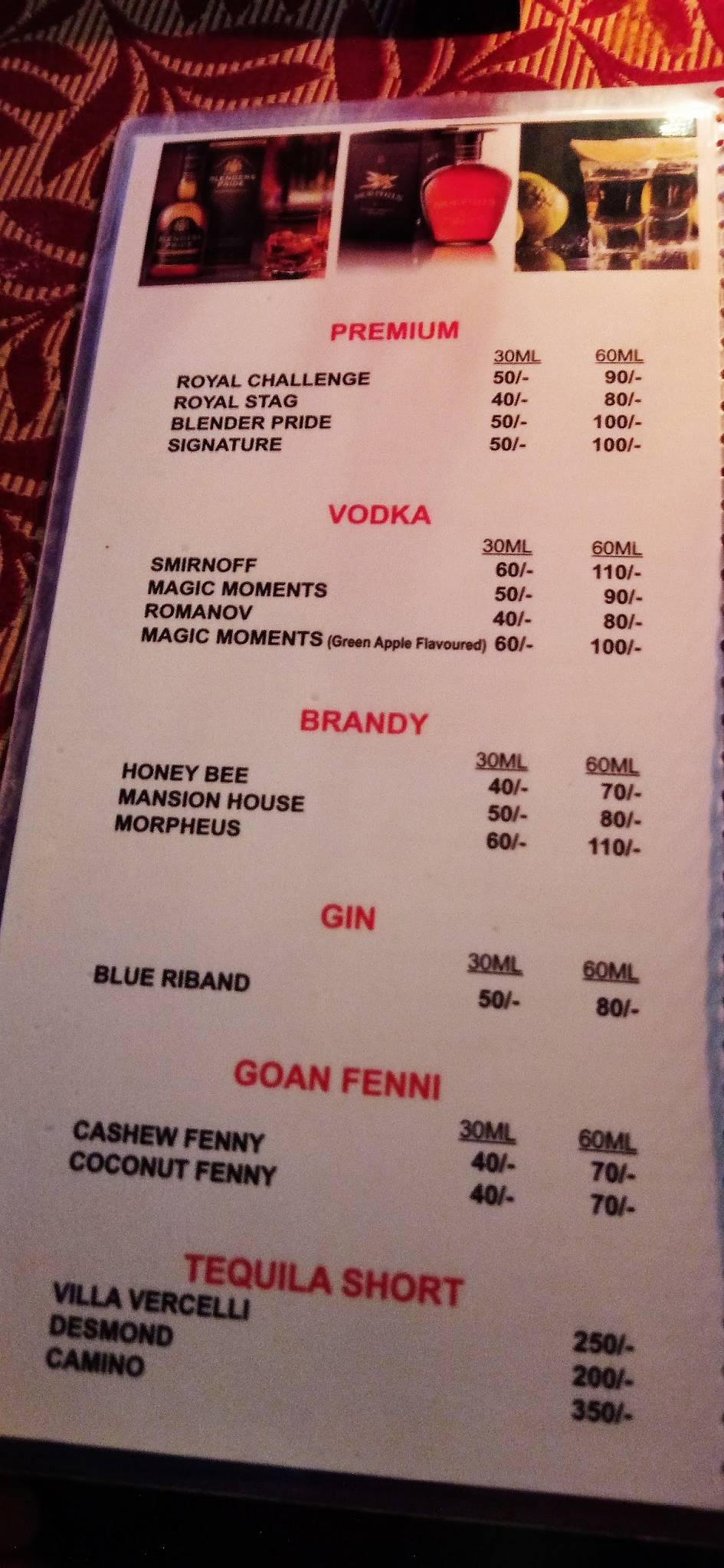 Menu at Presley de resort goa, Canacona