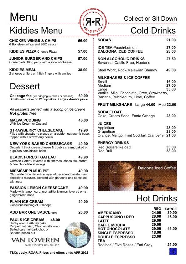 Menu at R&R Bistro restaurant, Pretoria, CNR Nico Smith St