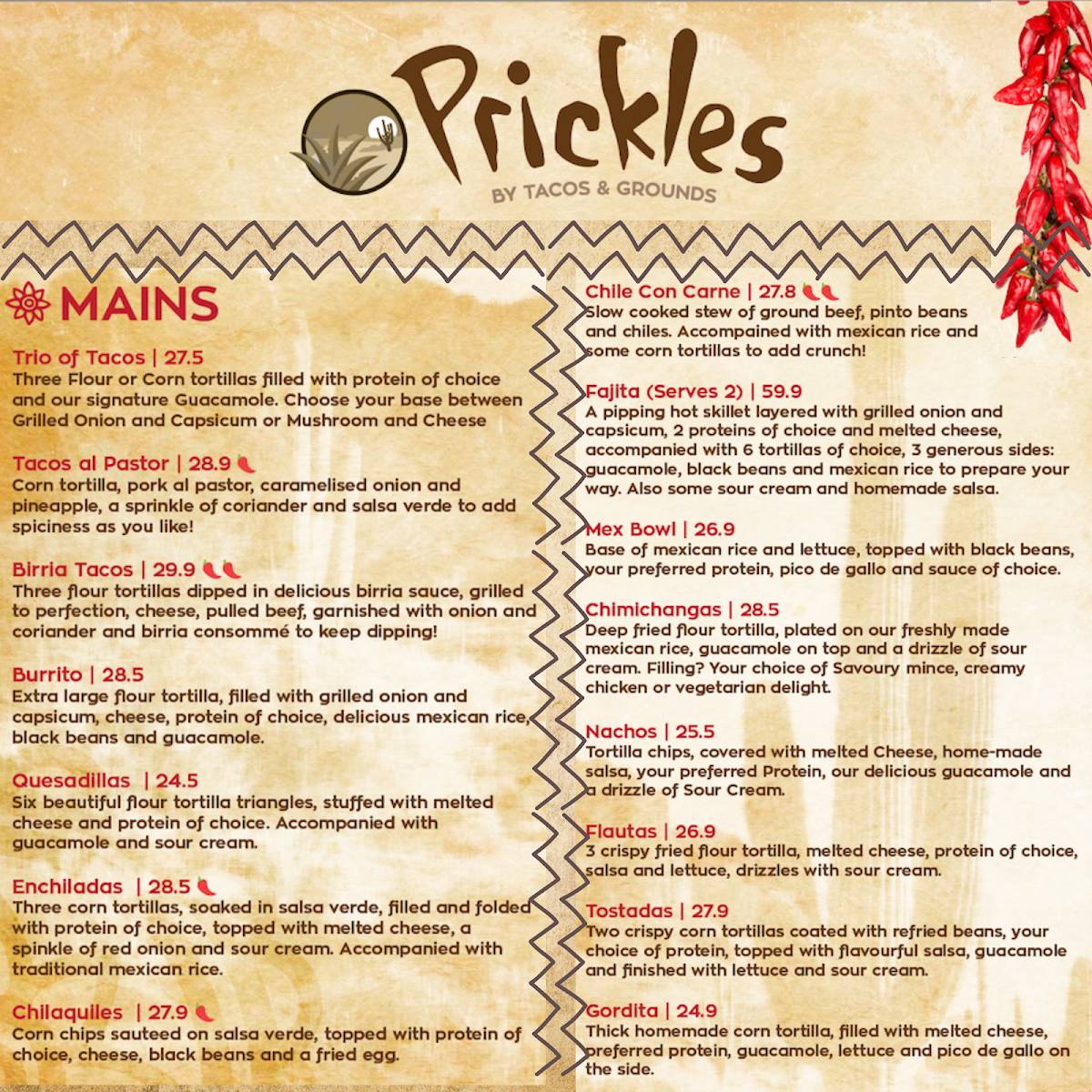 Menu at Prickles by Tacos and Grounds restaurant, Darwin City
