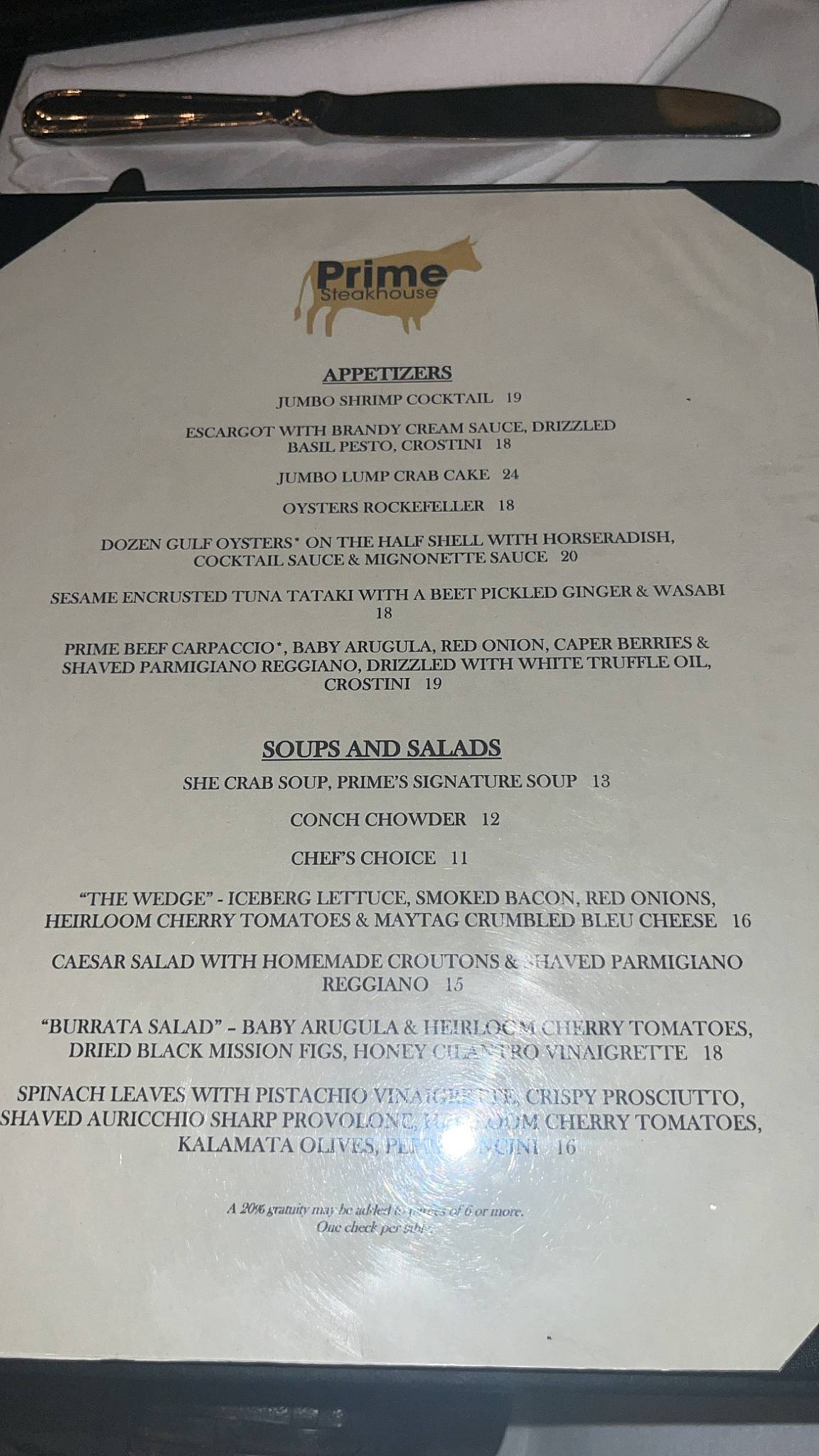 Menu at Prime Steakhouse, Key West