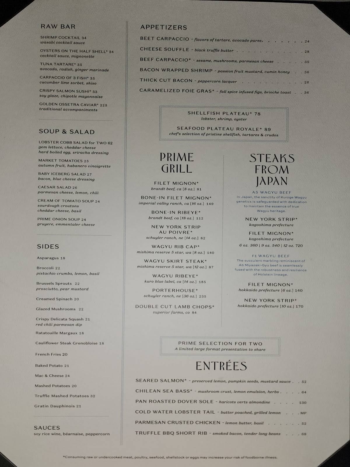 Menu at Prime Steakhouse, Las Vegas