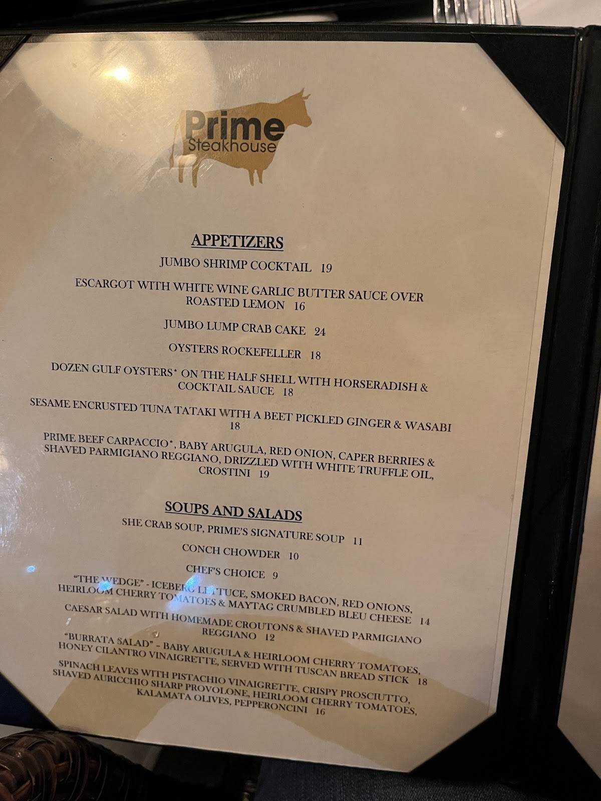 Menu at Prime Steakhouse, Key West
